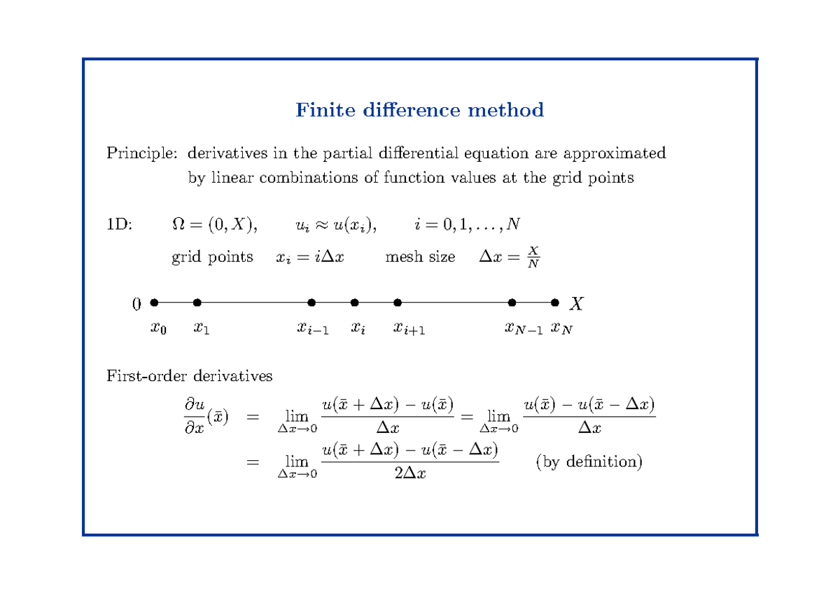 Lecture 4 - Finite difference schemes - Finite difference method Principle: derivatives in the ...