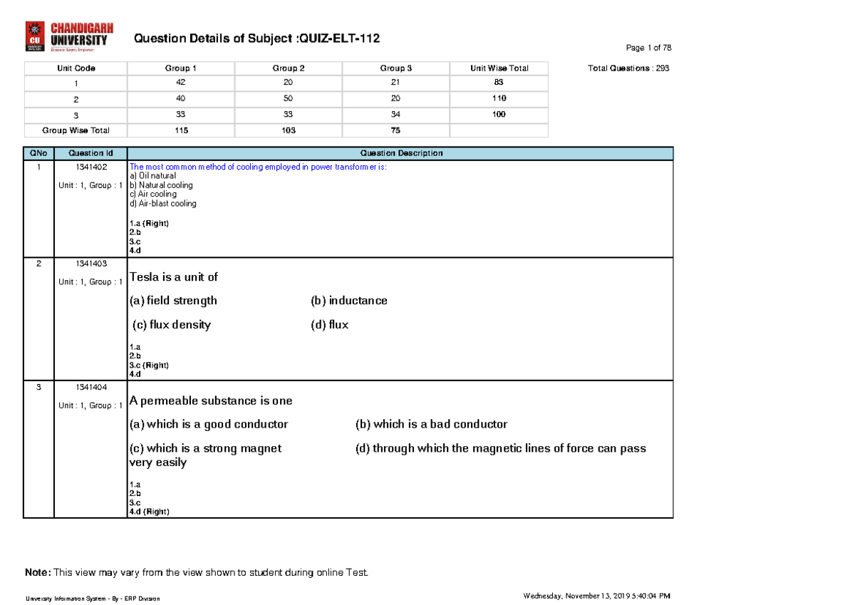 QUIZ-ELT-112 - JGHMBKUB - QNo Question Id Question Description 1 ...