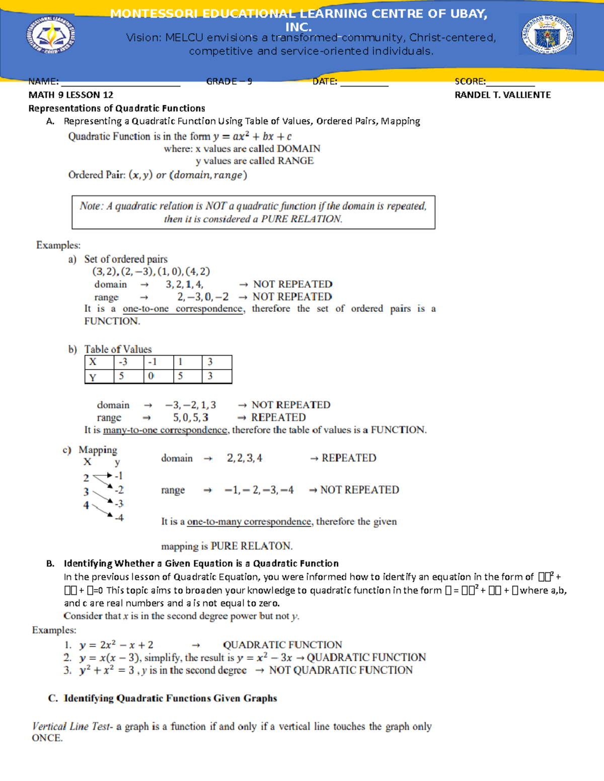 Q1 MATH 9 Lesson 12 - NAME: ______________________ GRADE – 9 DATE ...