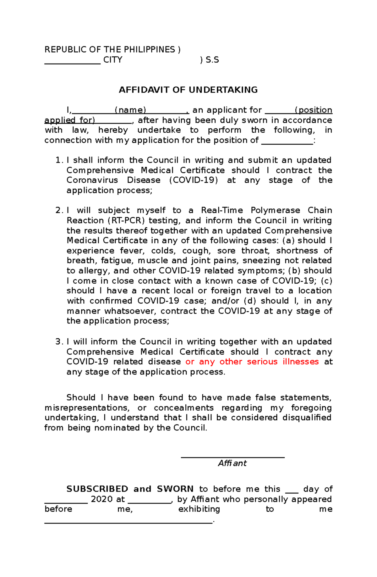 Affidavit of Undertaking Covid - REPUBLIC OF THE PHILIPPINES ...