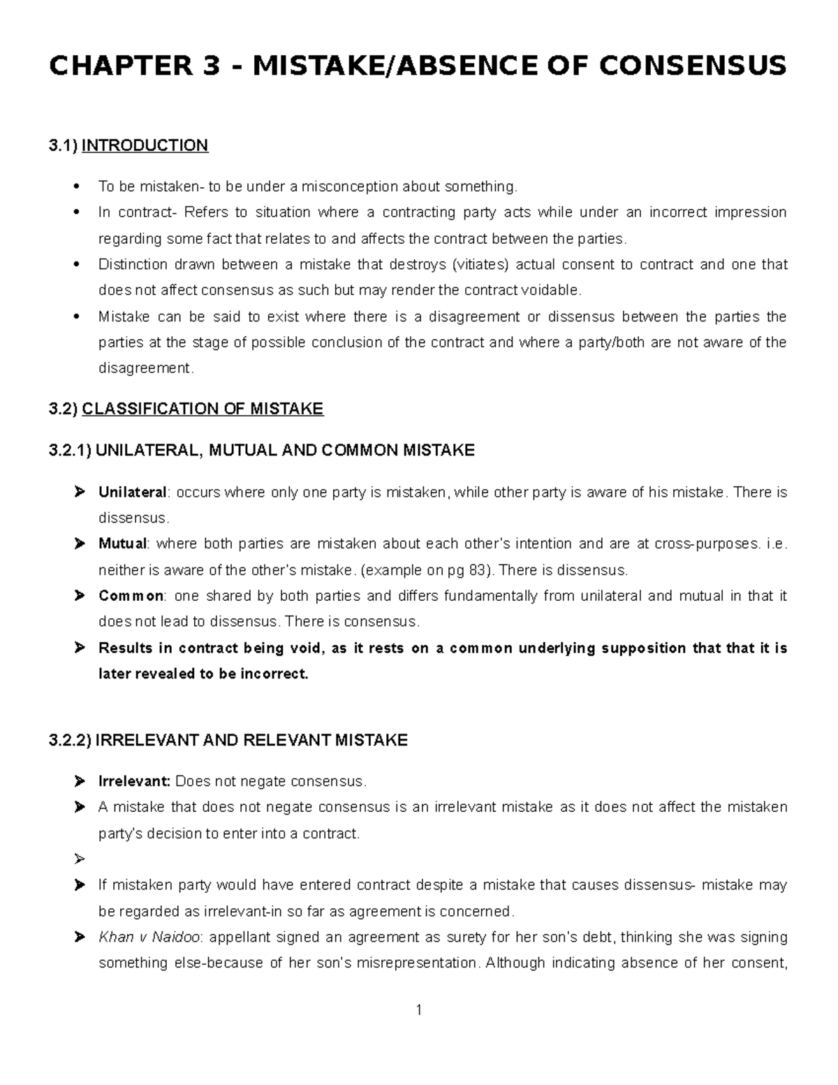 Chapter 3 - MISTAKE/ABSENCE OF CONSENSUS - CHAPTER 3 OF CONSENSUS 3) INTRODUCTION To be to be ...