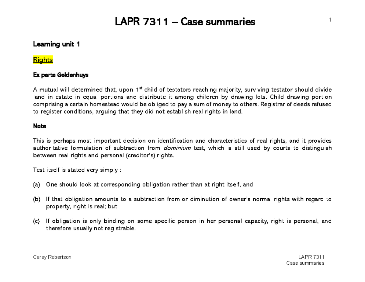 LAPR 7311 - Case summaries 2020 002 - Carey Robertson LAPR 7311 Learning unit 1 Rights Ex parte ...