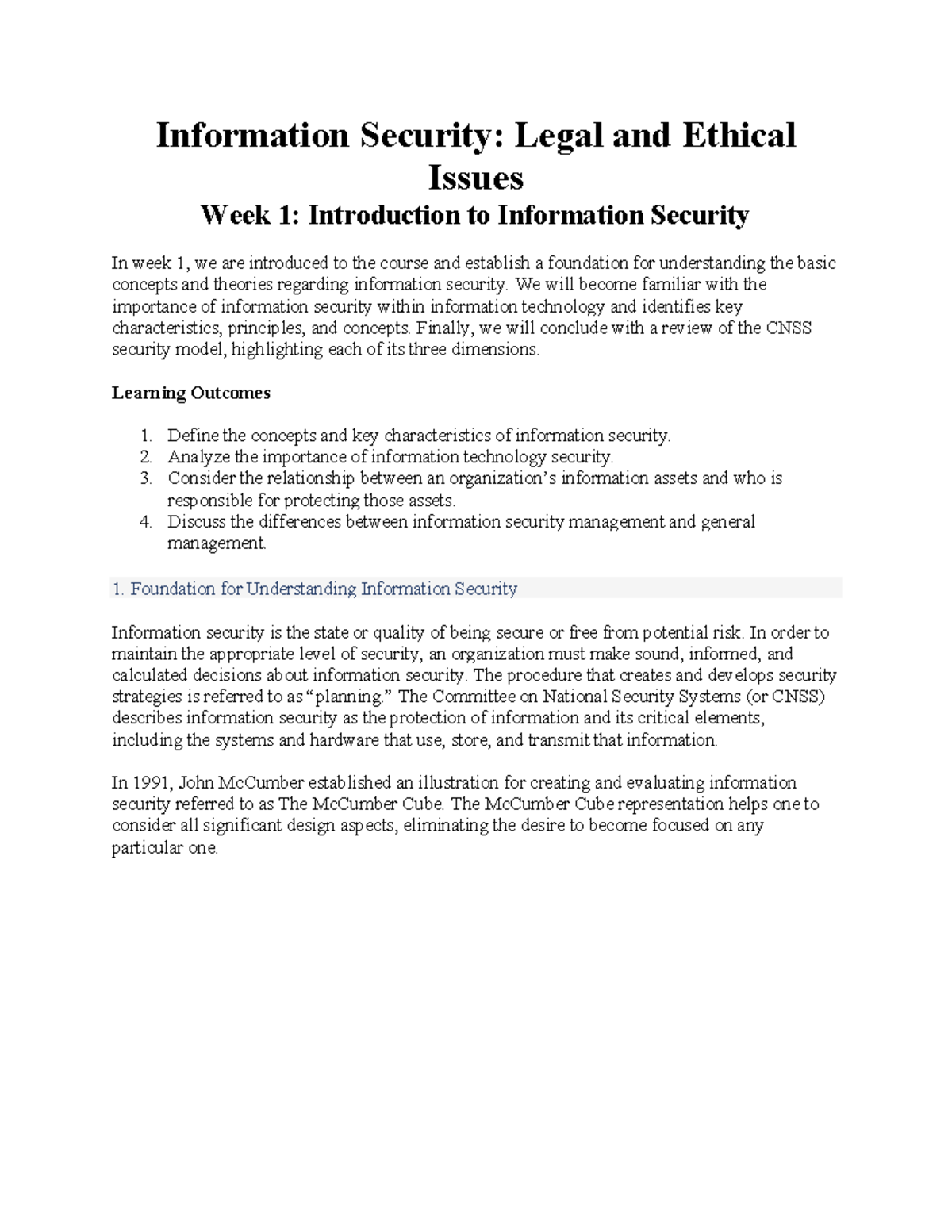 Information Security-Week1 Notes - Information Security: Legal and ...