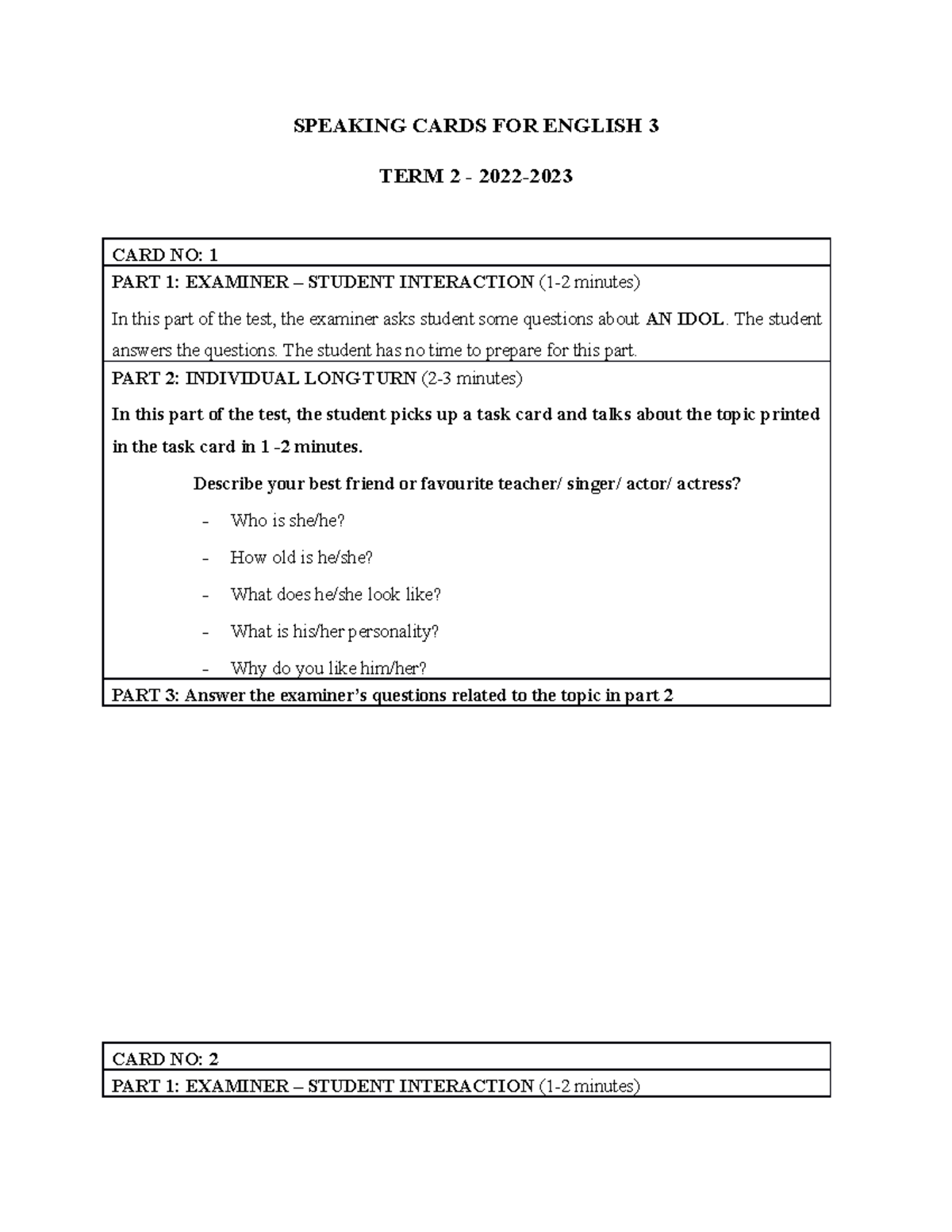 E3 Students Speaking Cards 4TC - SPEAKING CARDS FOR ENGLISH 3 TERM 2 ...