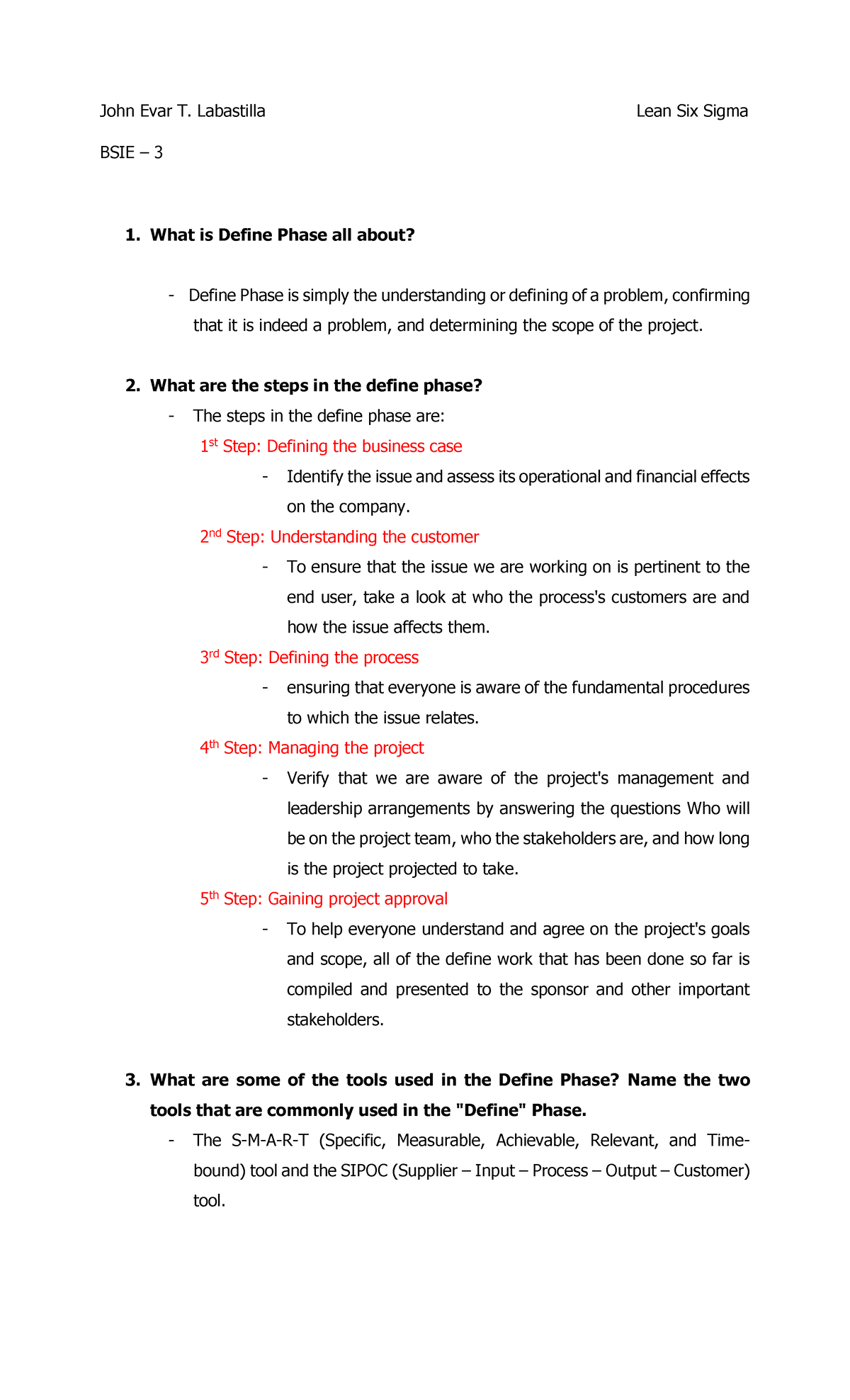 Labastilla LSS Define Phase - John Evar T. Labastilla Lean Six Sigma ...