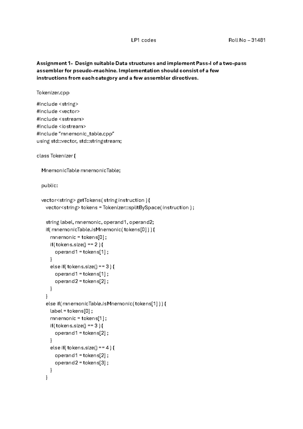 LP1 all codes - LP1 codes Roll No – 31481 Assignment 1- Design suitable ...