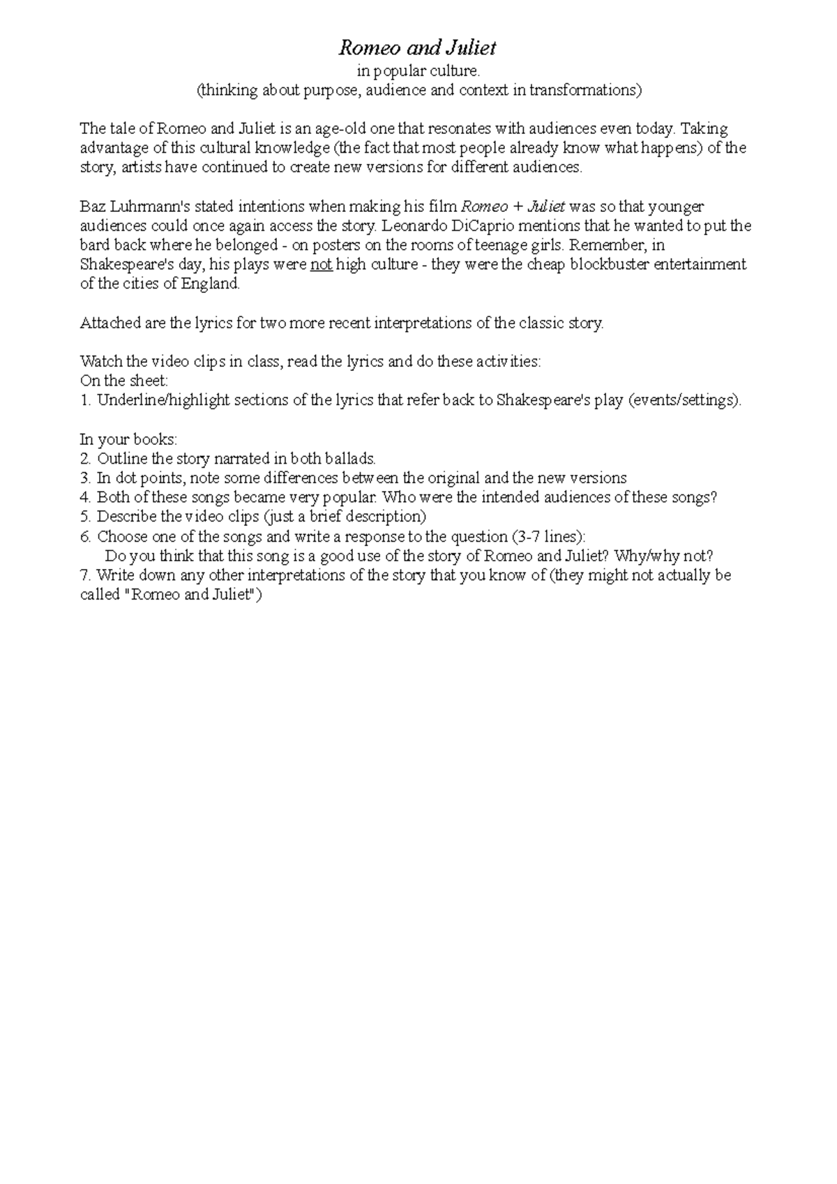 Romeo and juliet songs - wefada - Romeo and Juliet in popular culture ...