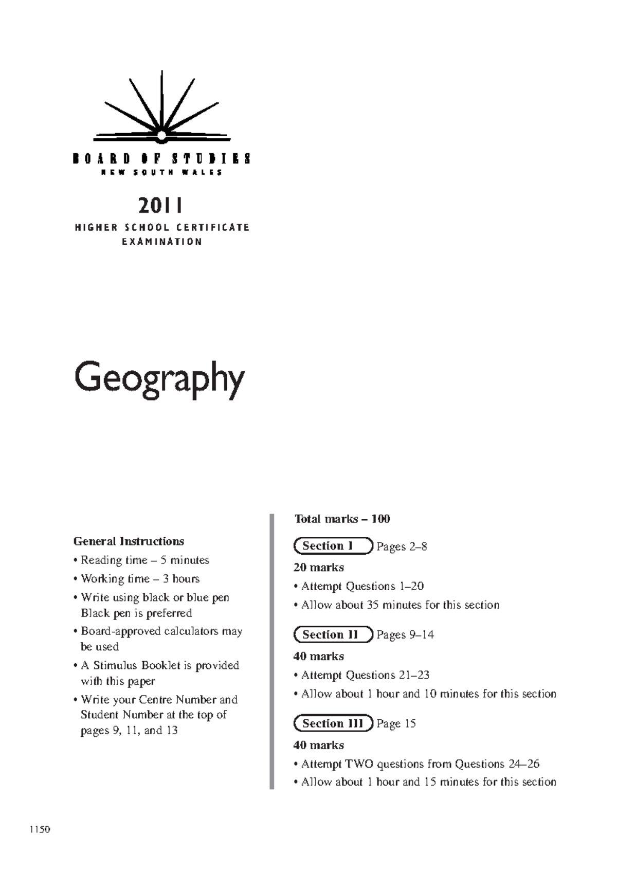 Geography hsc exam 2011 - 2011 H I G H E R S C H O O L C E R T I F I C ...