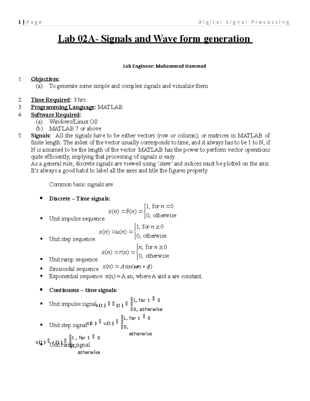 Lab 02A - basic signal plotting - x t t t ( ) ( ) , 1 0 0 for , otherwise x u t t (t ) - Studocu