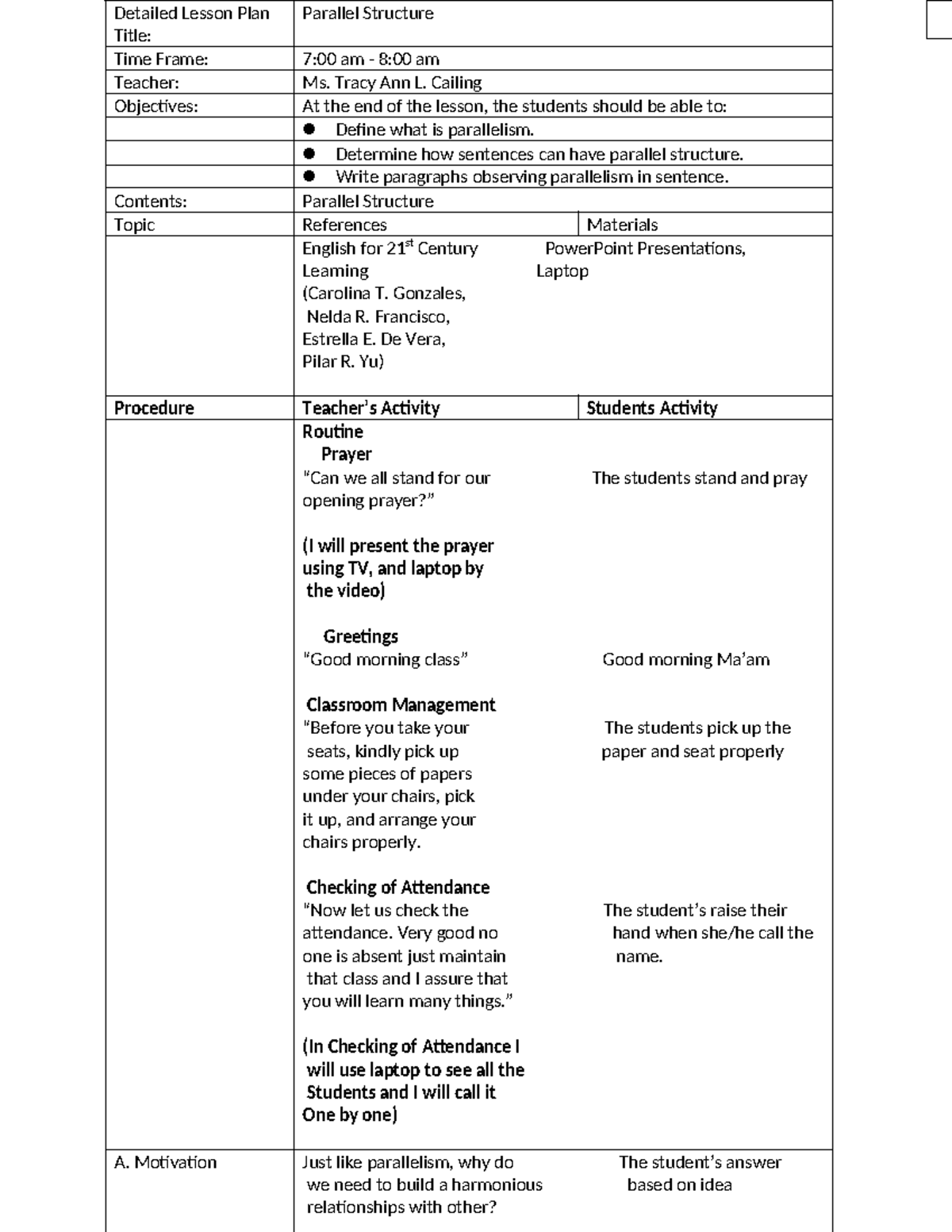 Lesson Plan (Maam Leony) - Detailed Lesson Plan Title: Parallel ...
