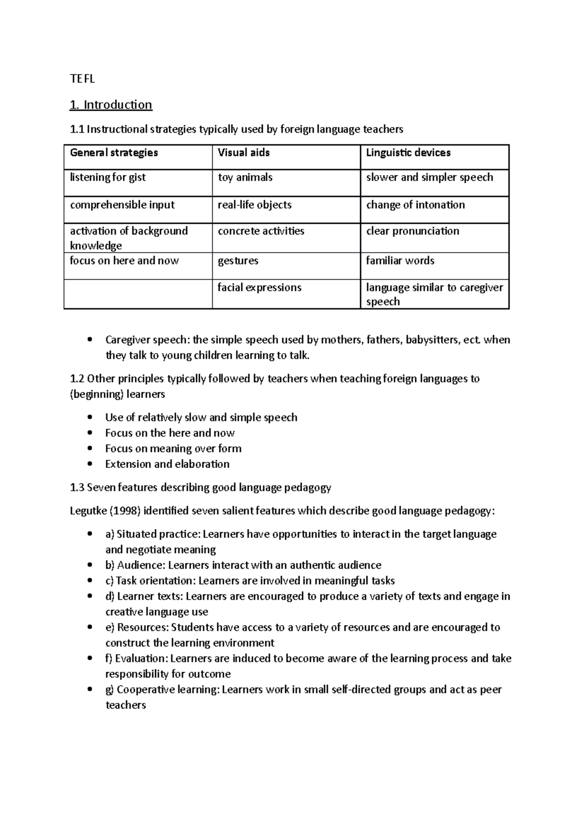 TEFL Zusammenfassung - TEFL 1. Introduction 1 Instructional strategies ...