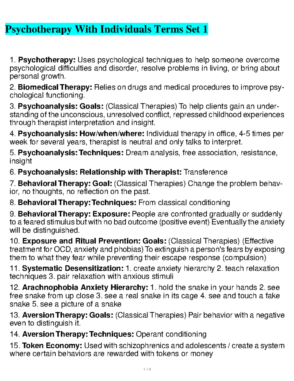 Psychotherapy With Individuals Terms Set 1 - Biomedical Therapy: Relies ...