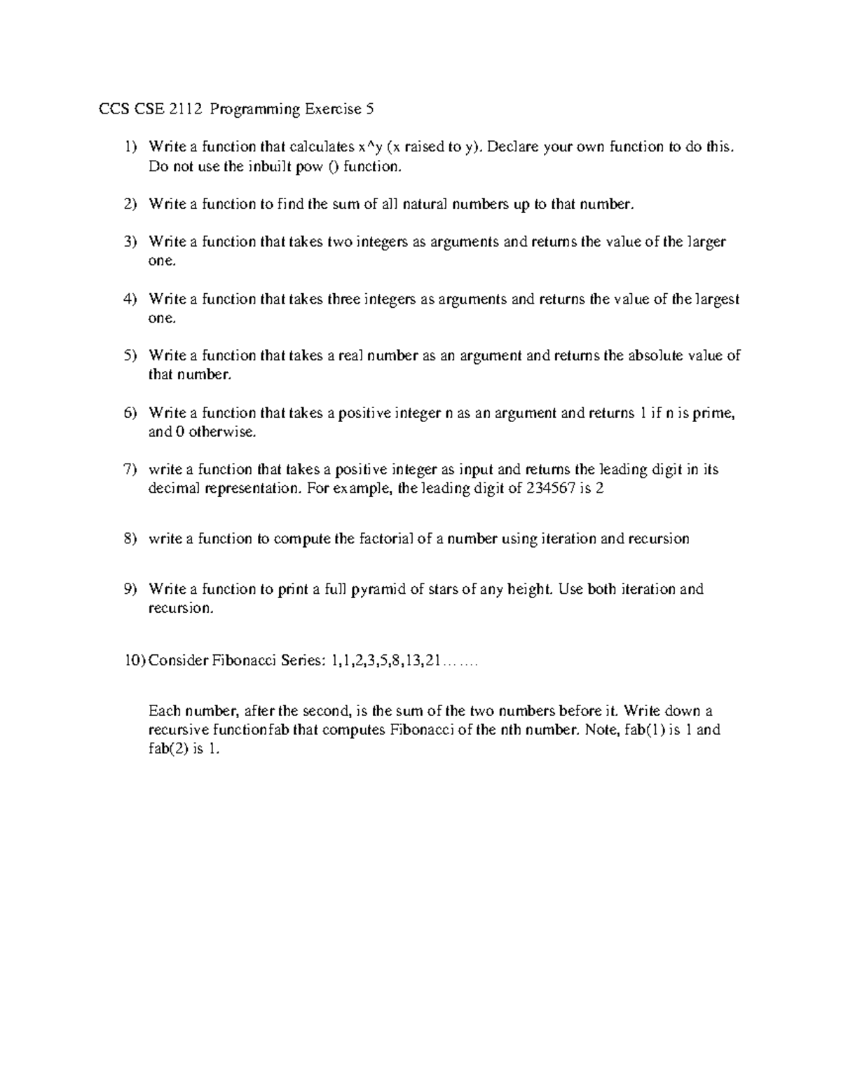 Exercise 5-1 - Functions and pointers in C programming - CCS CSE 2112 Programming Exercise 5 1 ...