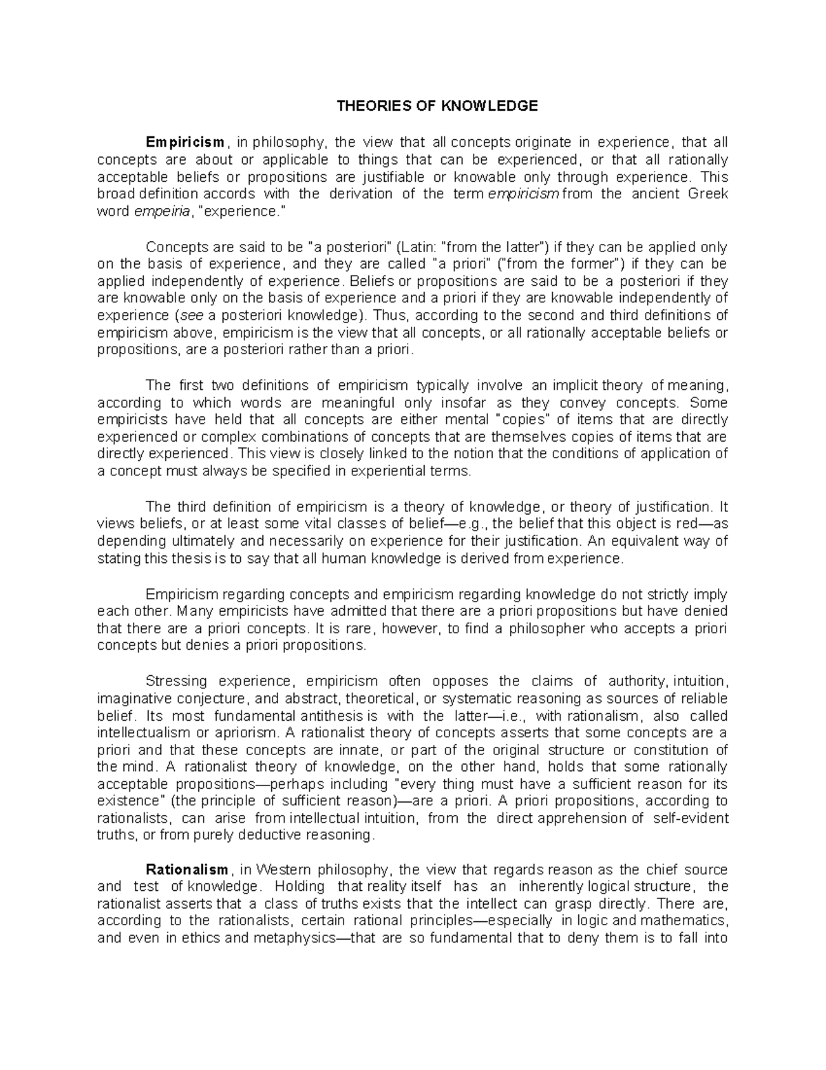 Theories-OF- Knowledge - THEORIES OF KNOWLEDGE Empiricism, in ...