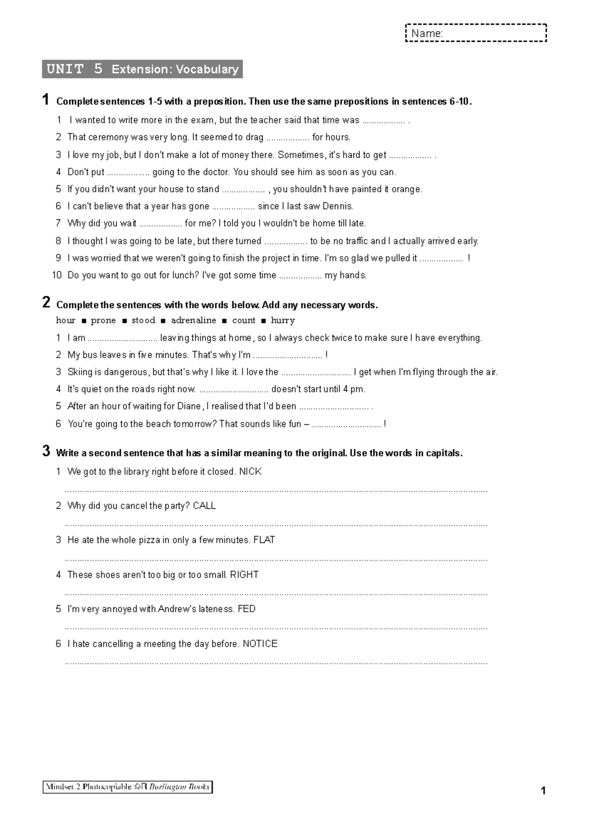 Extension UNIT 5 - UNIT 5 Extension: Vocabulary 1 Complete sentences 1 ...