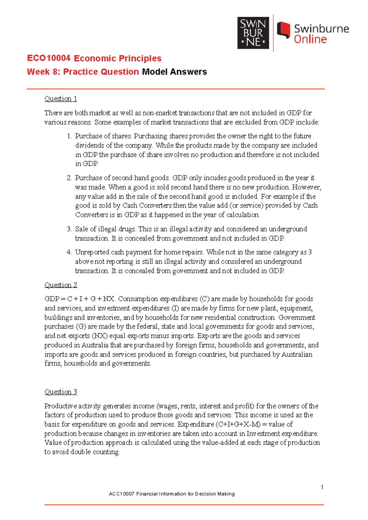 ECO10004 practice questions model answers week8 - ECO10004 Economic Principles Week 8: Practice ...