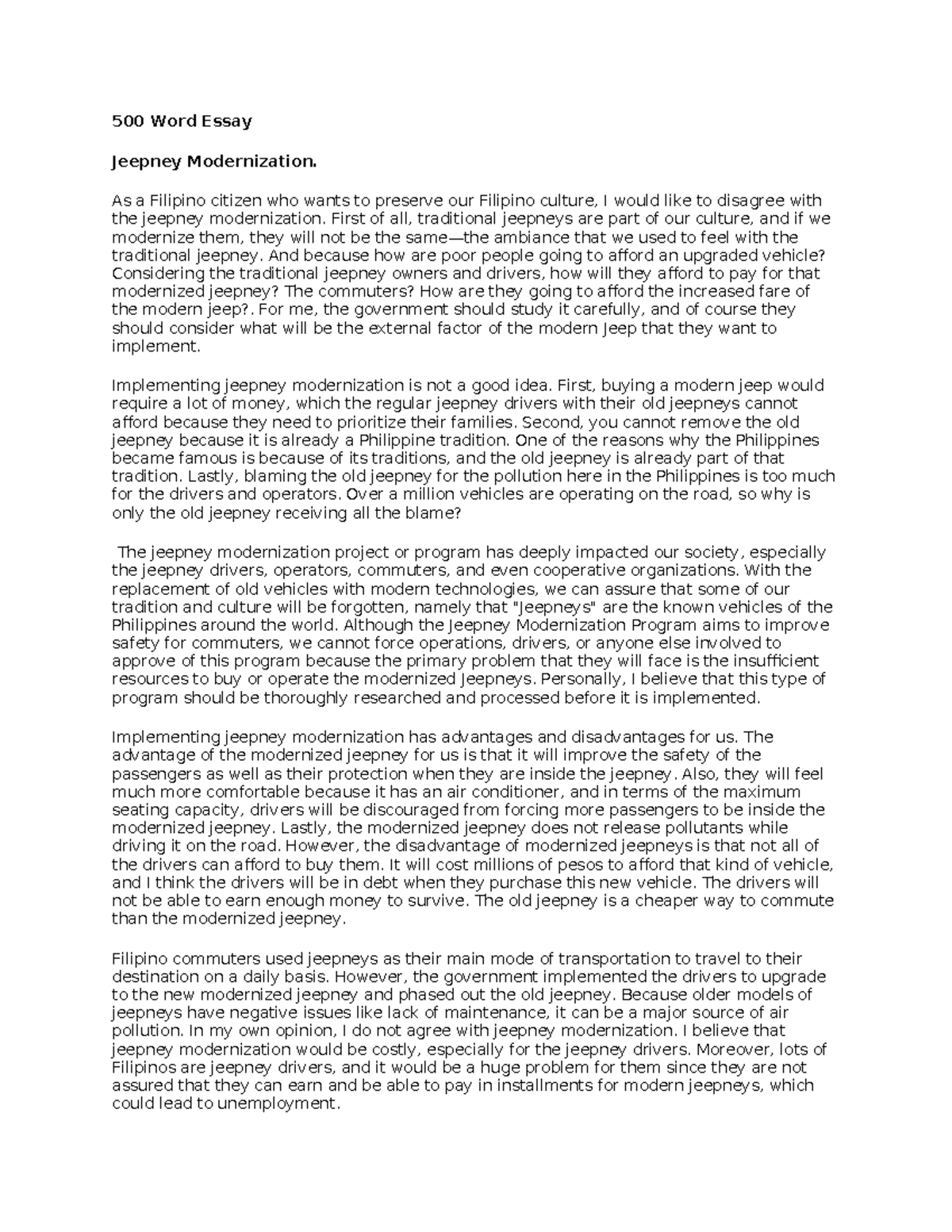 CRWT- Academe-1 - n/a - 500 Word Essay Jeepney Modernization. As a ...