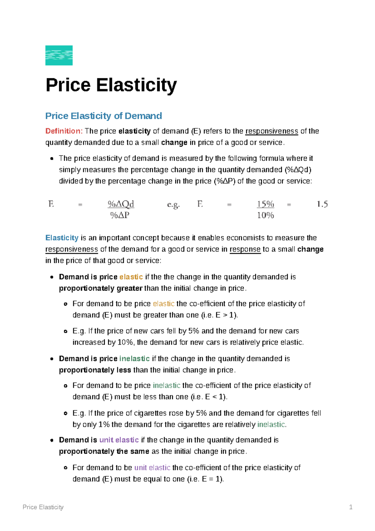 Price Elasticity Definition and Notes - Price Elasticity 1 Price ...