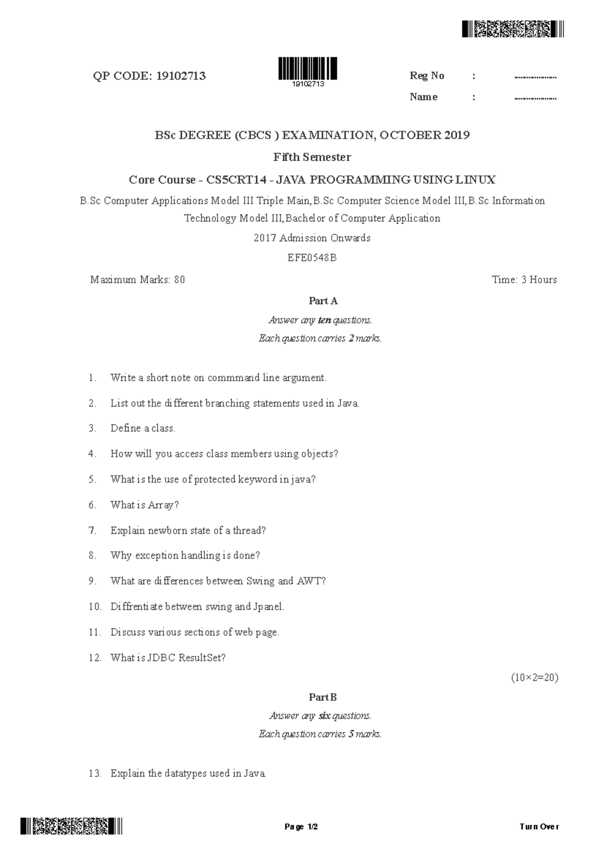 BCA5JPUL 2019 OCT JAVA Programming Using Linux - QP CODE: 19102713 Reg No ...