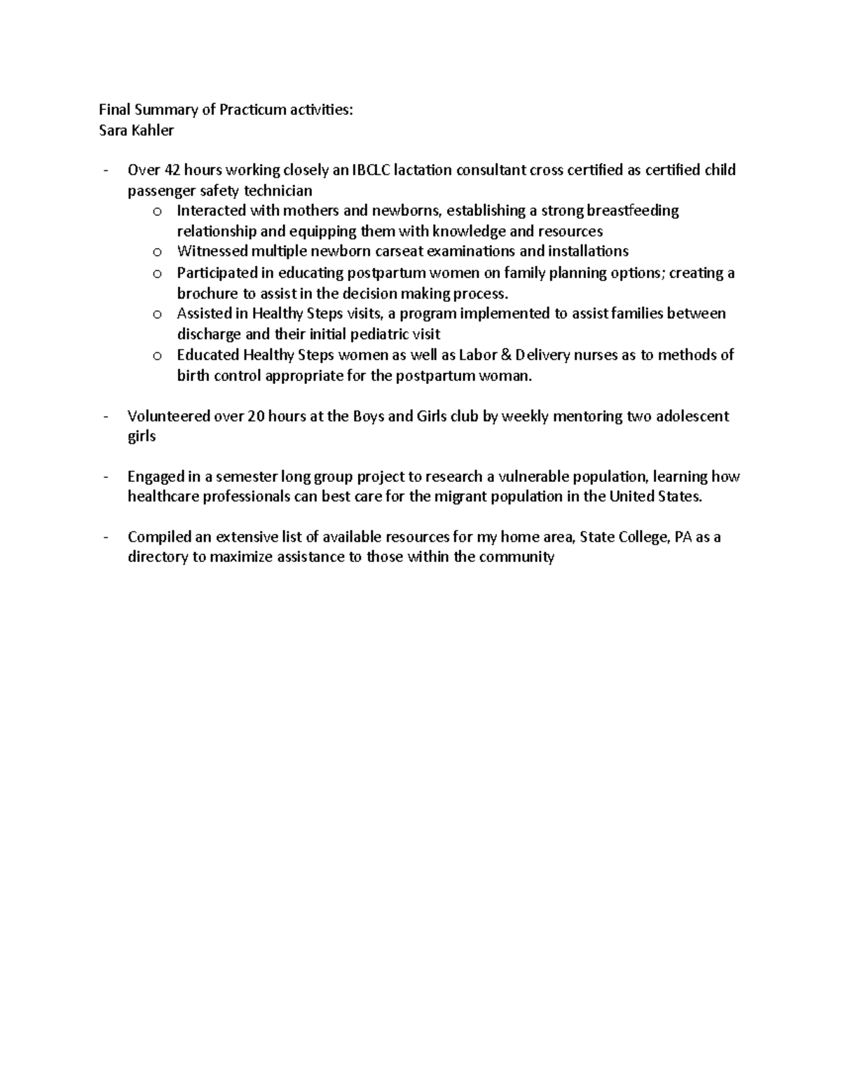 Kahler, Final Summary of Practicum activities - Final Summary of ...