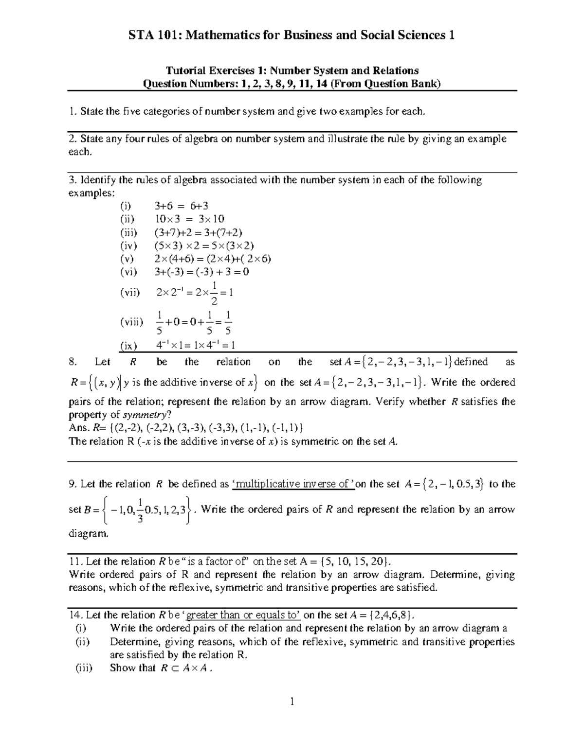T 1-Ch 1 Number System-Question-STA 101 - 1 STA 101: Mathematics for ...