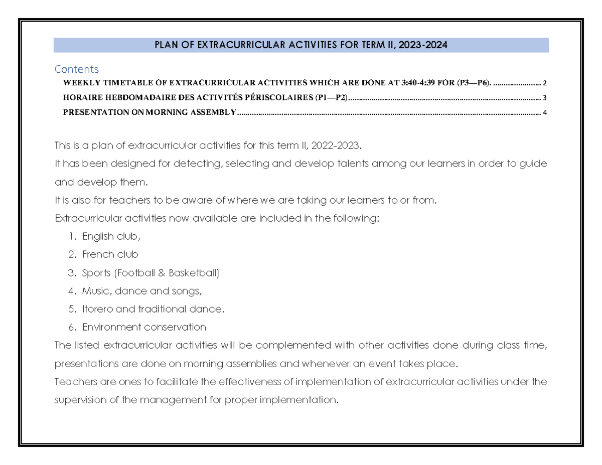 Weekly Timetable OF Extracurricular Activities Which ARE DONE AT 3-1 ...
