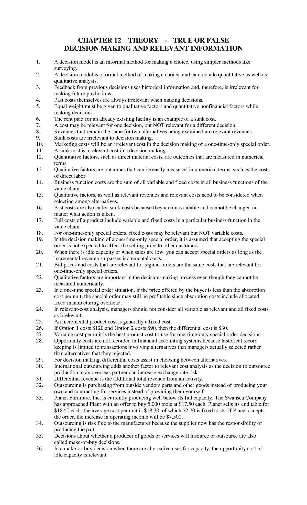 Chapter 12 Theory True or False - CHAPTER 12 – THEORY - TRUE OR FALSE DECISION MAKING AND ...