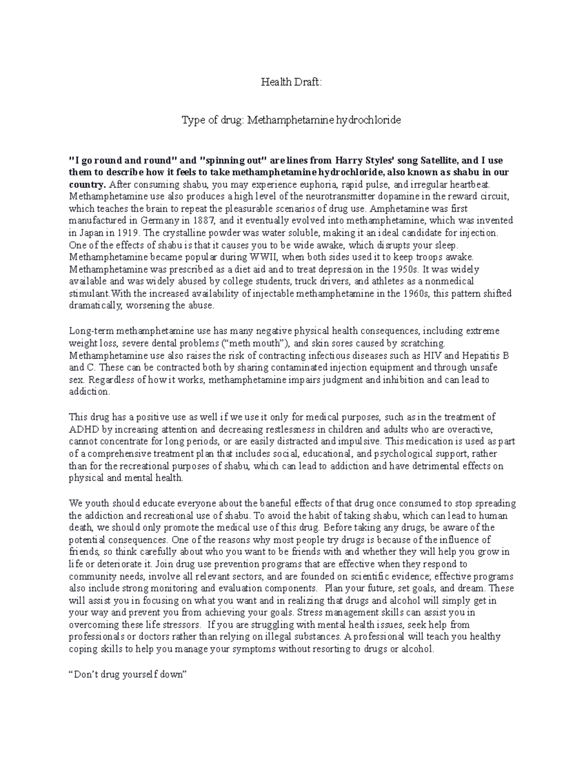 Methamphetamine hydro- chloride drug essay - Health Draft: Type of drug: Methamphetamine - Studocu