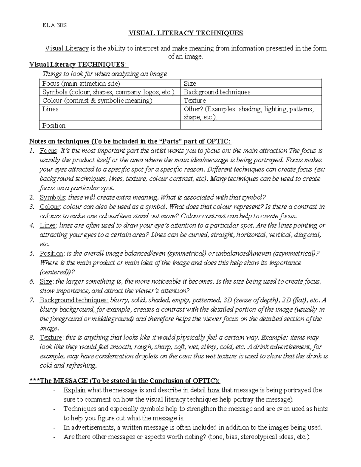 9. Visual Literacy Techniques - ELA 30S VISUAL LITERACY TECHNIQUES ...