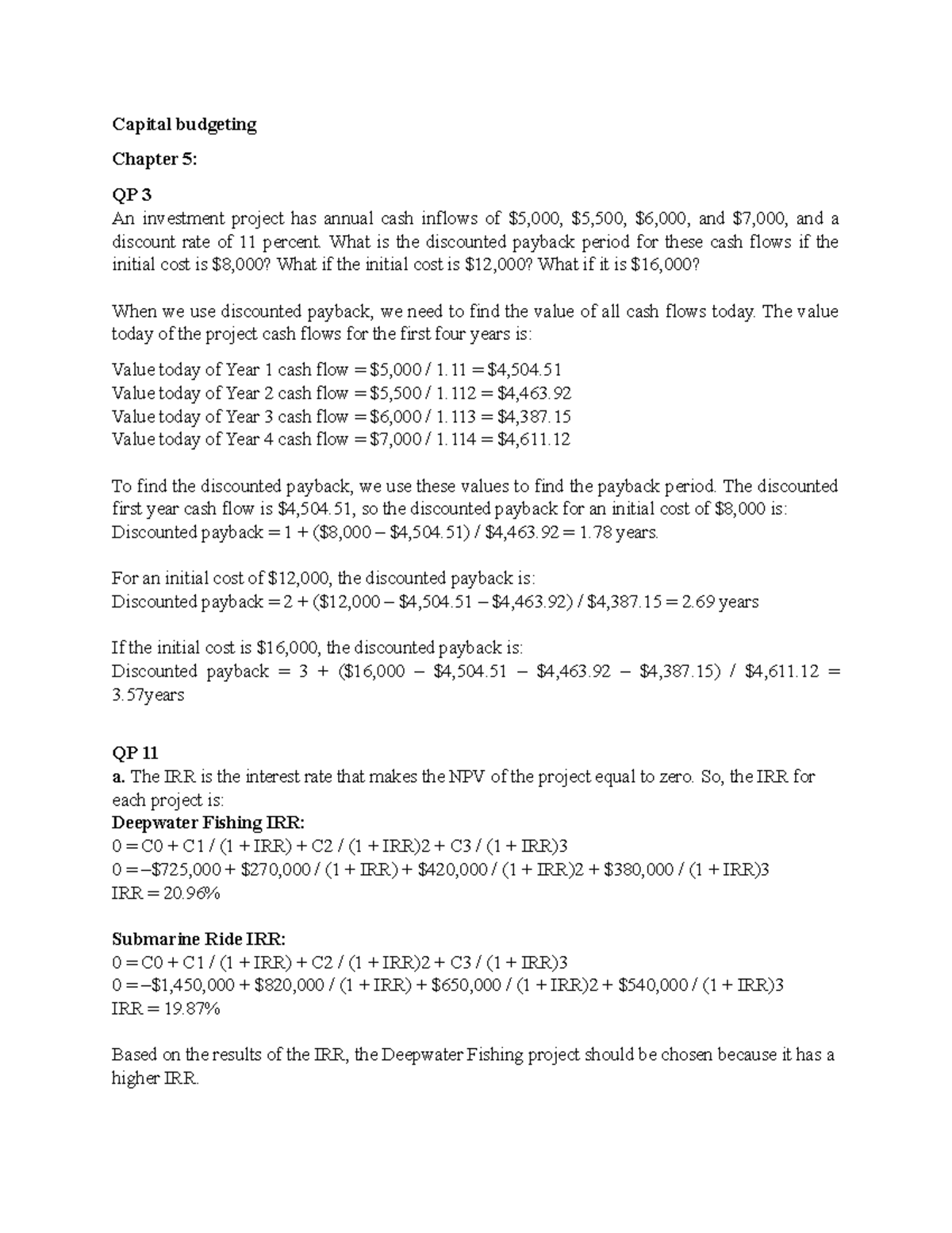 Finn 322 Tutorial 1 - Capital budgeting Chapter 5: QP 3 An investment ...