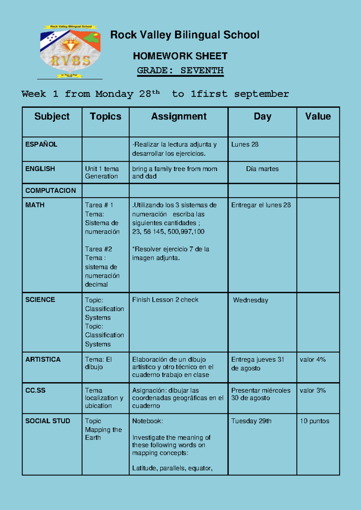 Task schedule - actividades variadas - Rock Valley Bilingual School ...