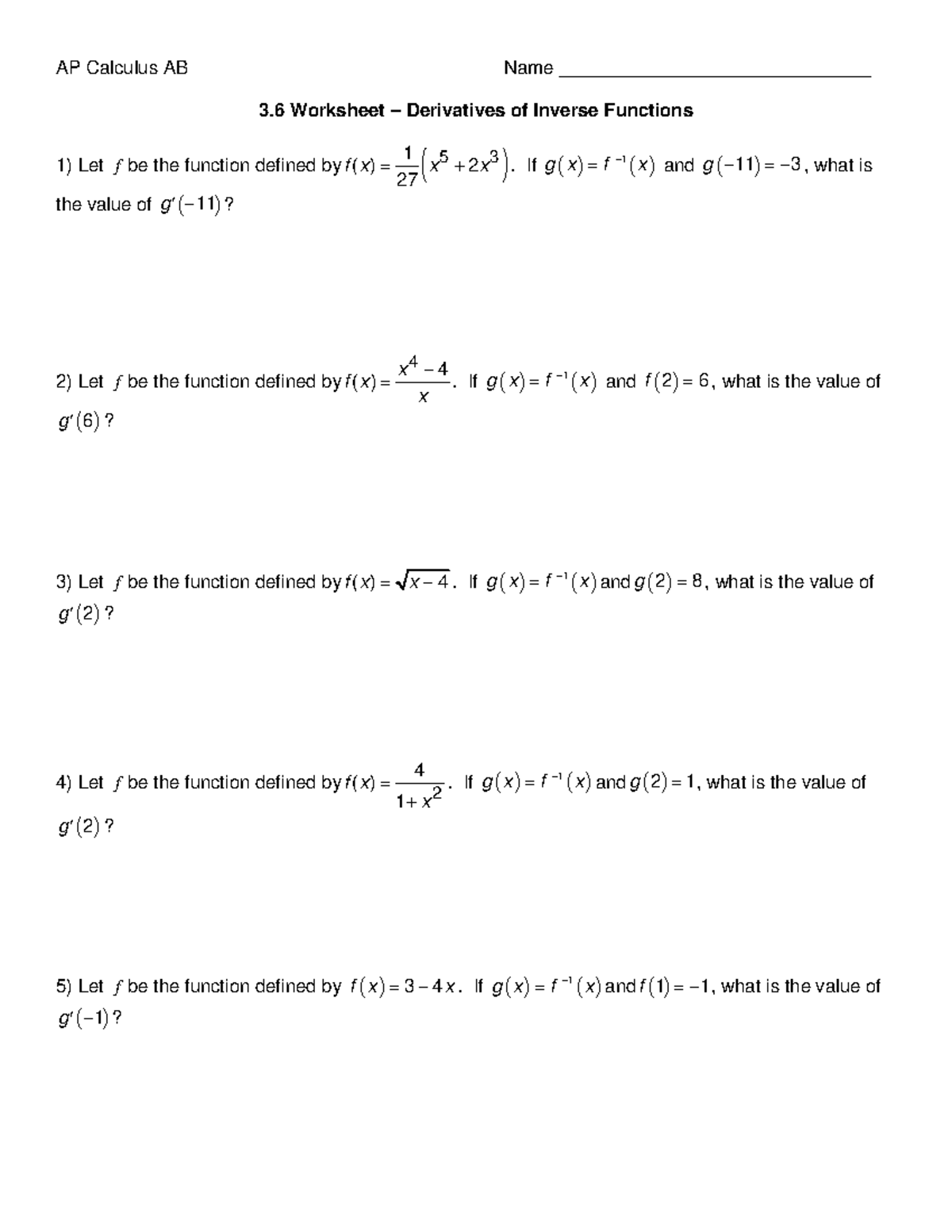 Worksheet 3.6 - AP Calculus AB Name ______________________________ 3 ...