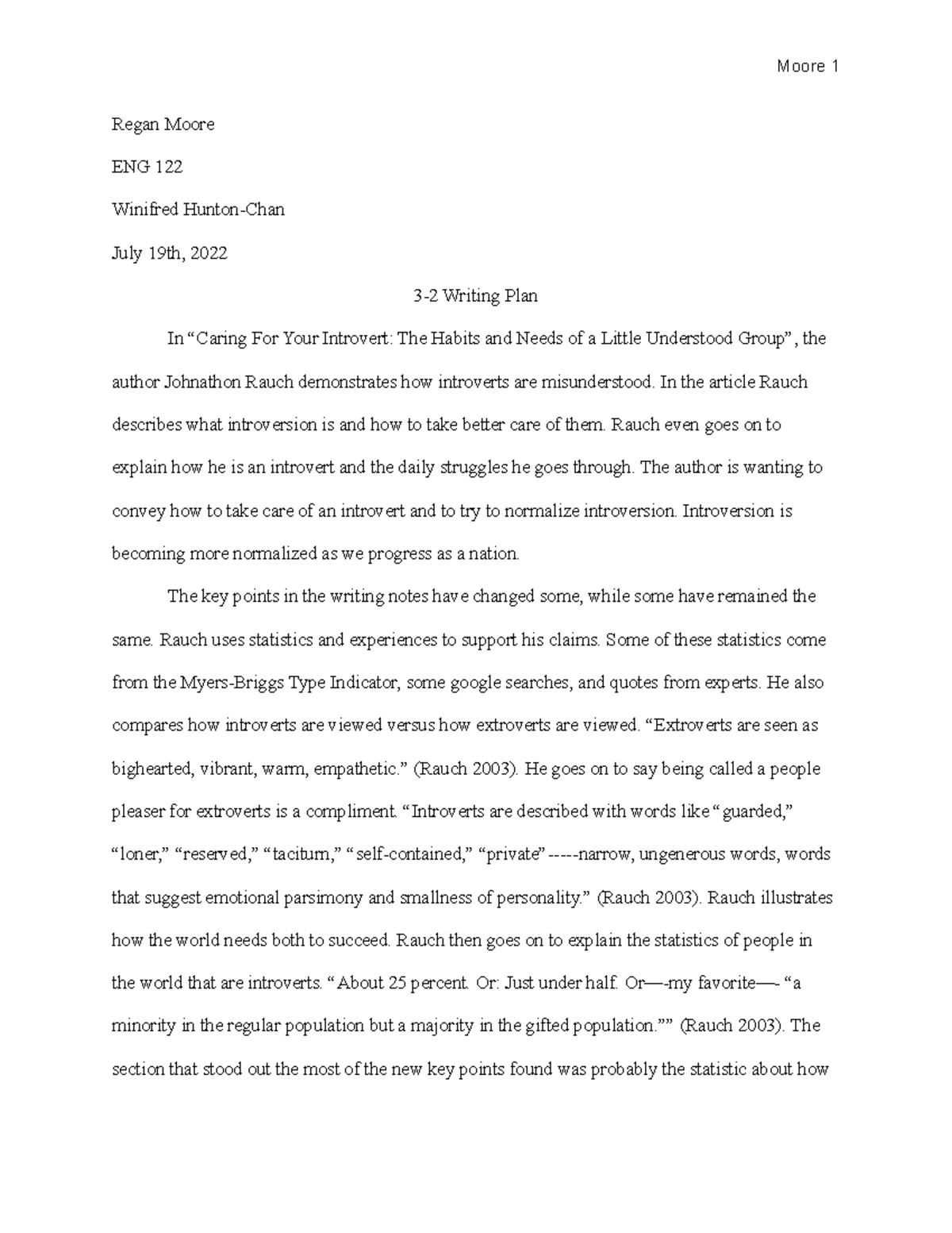 3-2 Writing Plan - Moore 1 Regan Moore ENG 122 Winifred Hunton-Chan ...