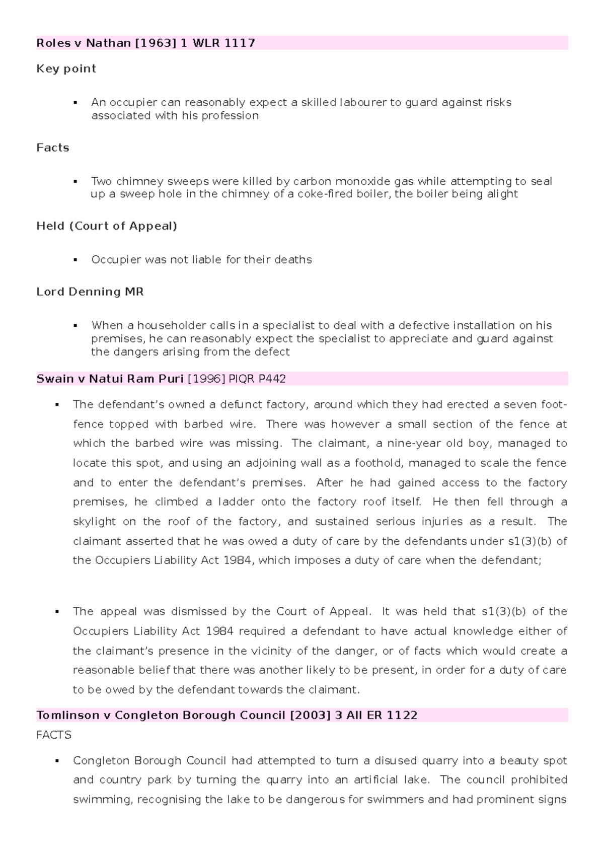 Roles v Nathan - xxxxxxx - Roles v Nathan [1963] 1 WLR 1117 Key point An occupier can reasonably ...