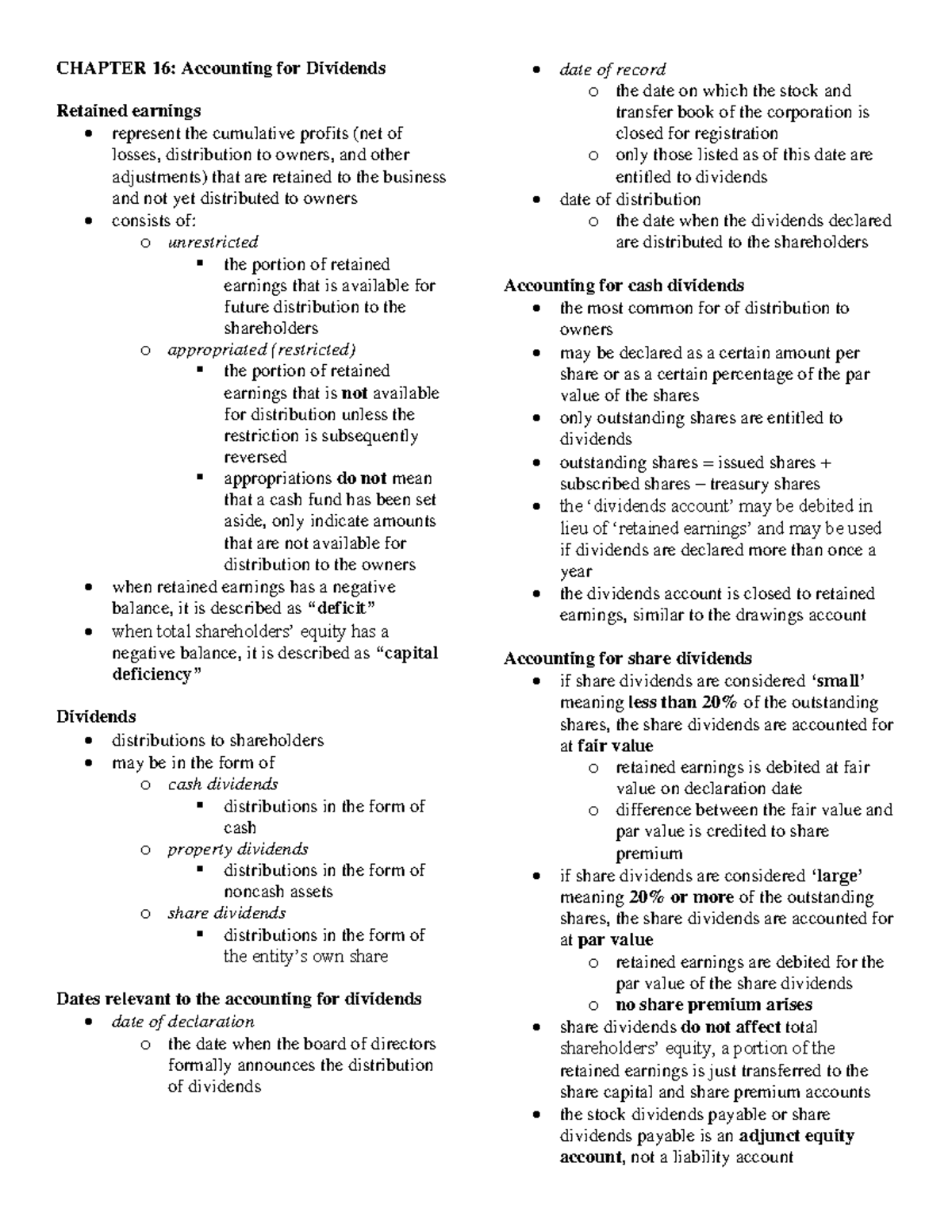 Chapter 16 Notes Accounting for Dividends Financial Accounting and ...