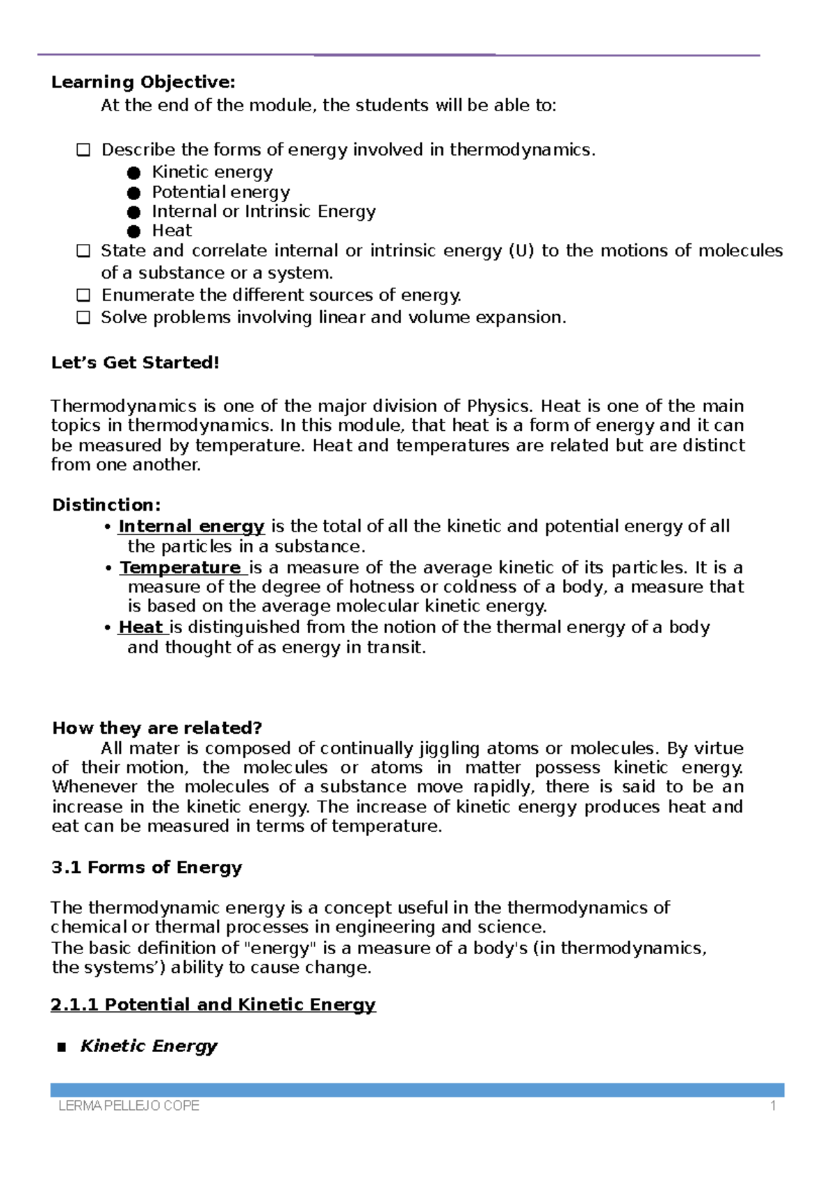 Thermodynamic Energy - Learning Objective: At the end of the module ...