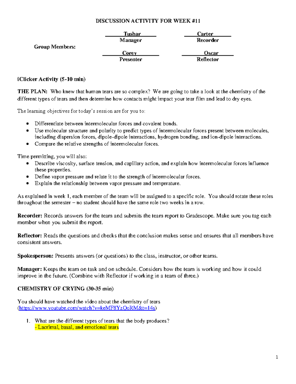 Discussion Worksheet Week 11 - DISCUSSION ACTIVITY FOR WEEK Group ...