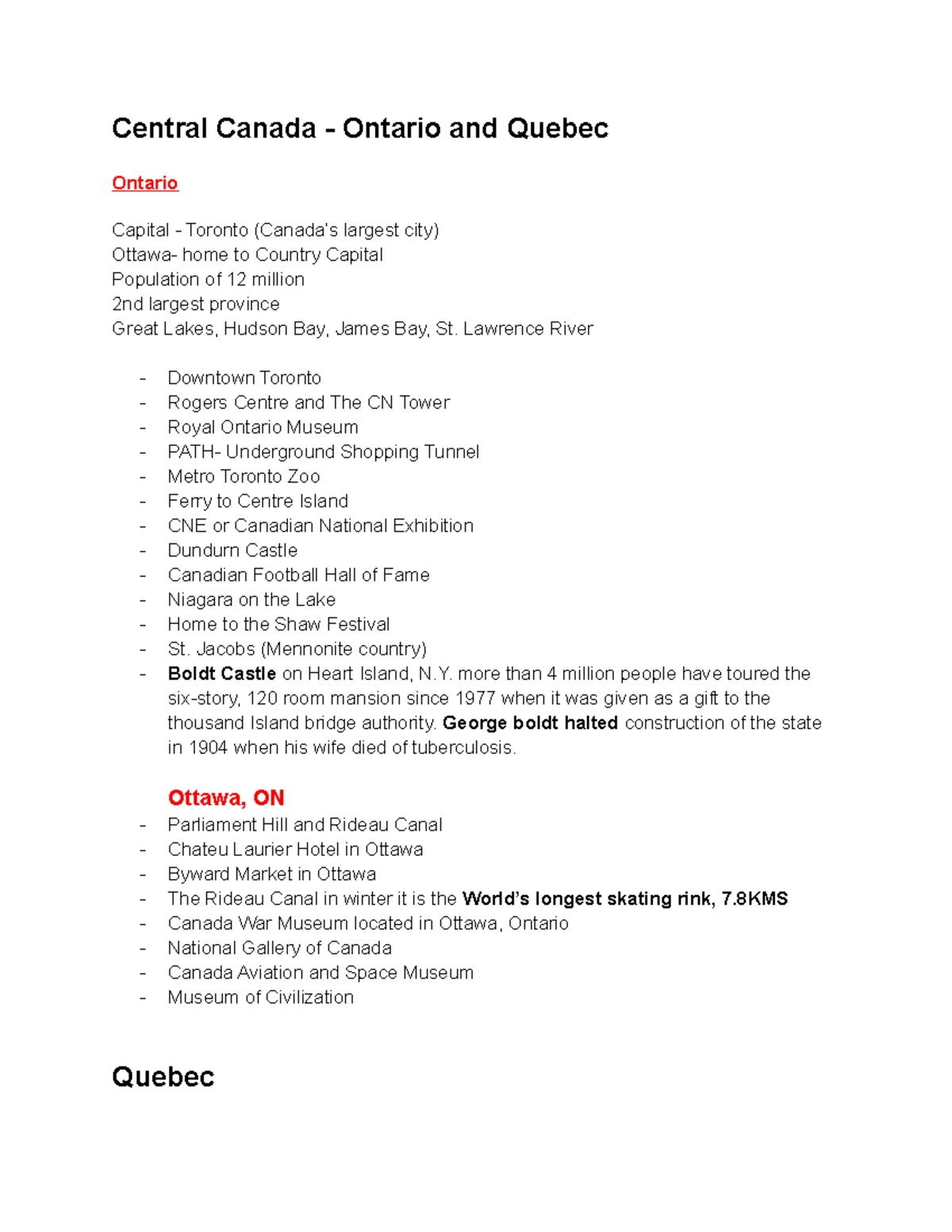 For Test Module 1 - Central Canada - Ontario and Quebec Ontario Capital ...