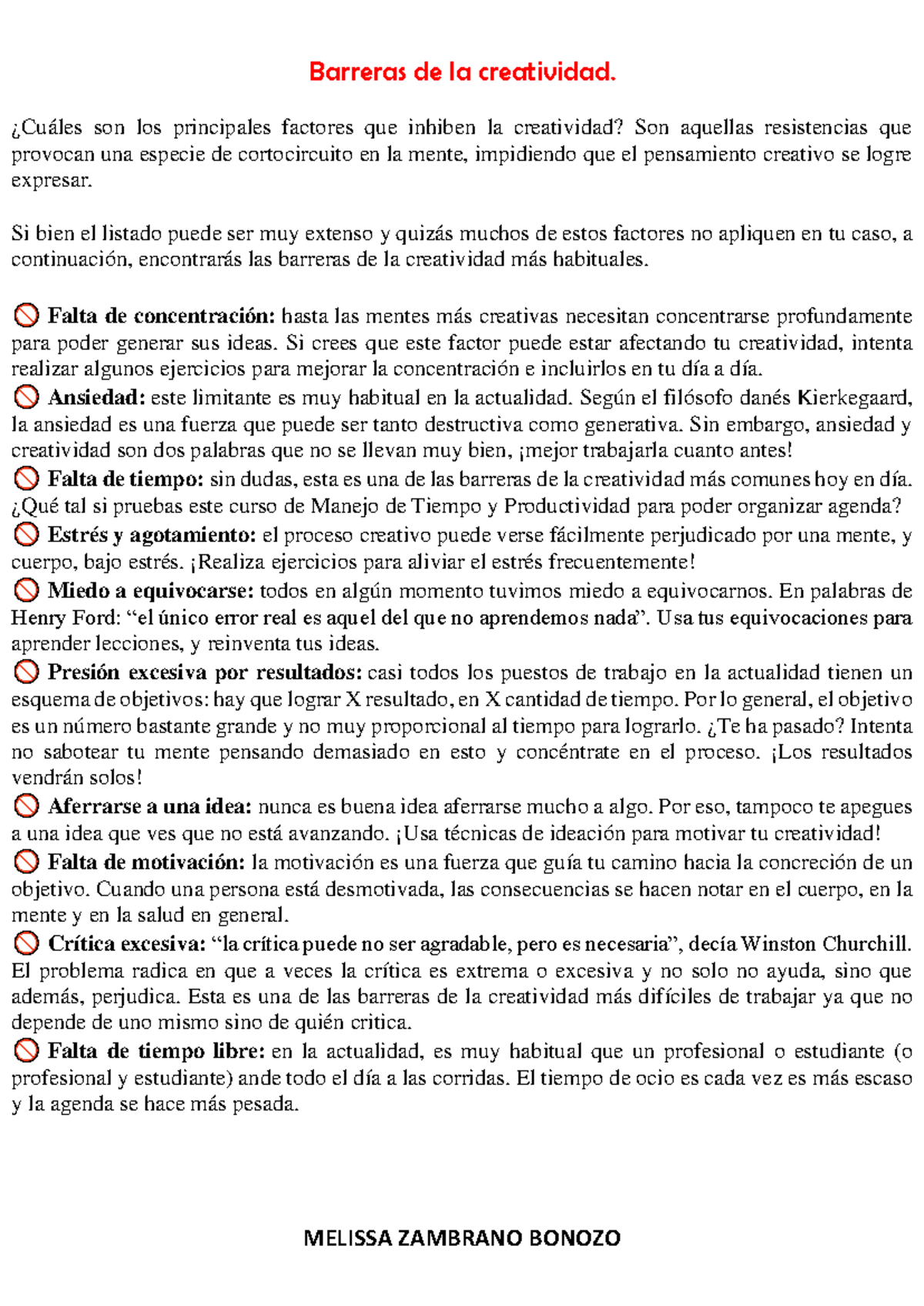 Barreras de la creatividad - MELISSA ZAMBRANO BONOZO Barreras de la ...