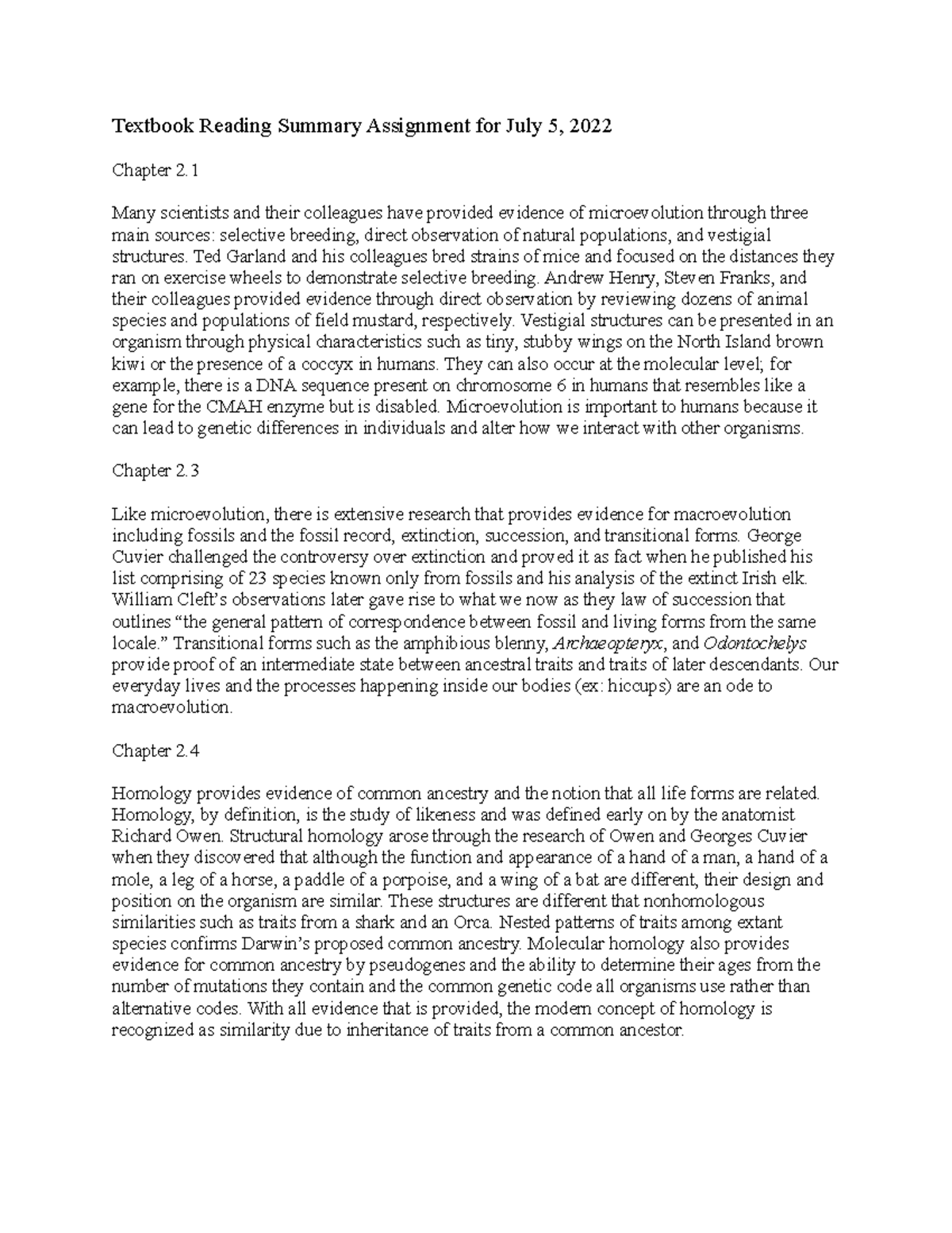 Textbook Summary Assignment - Textbook Reading Summary Assignment for ...