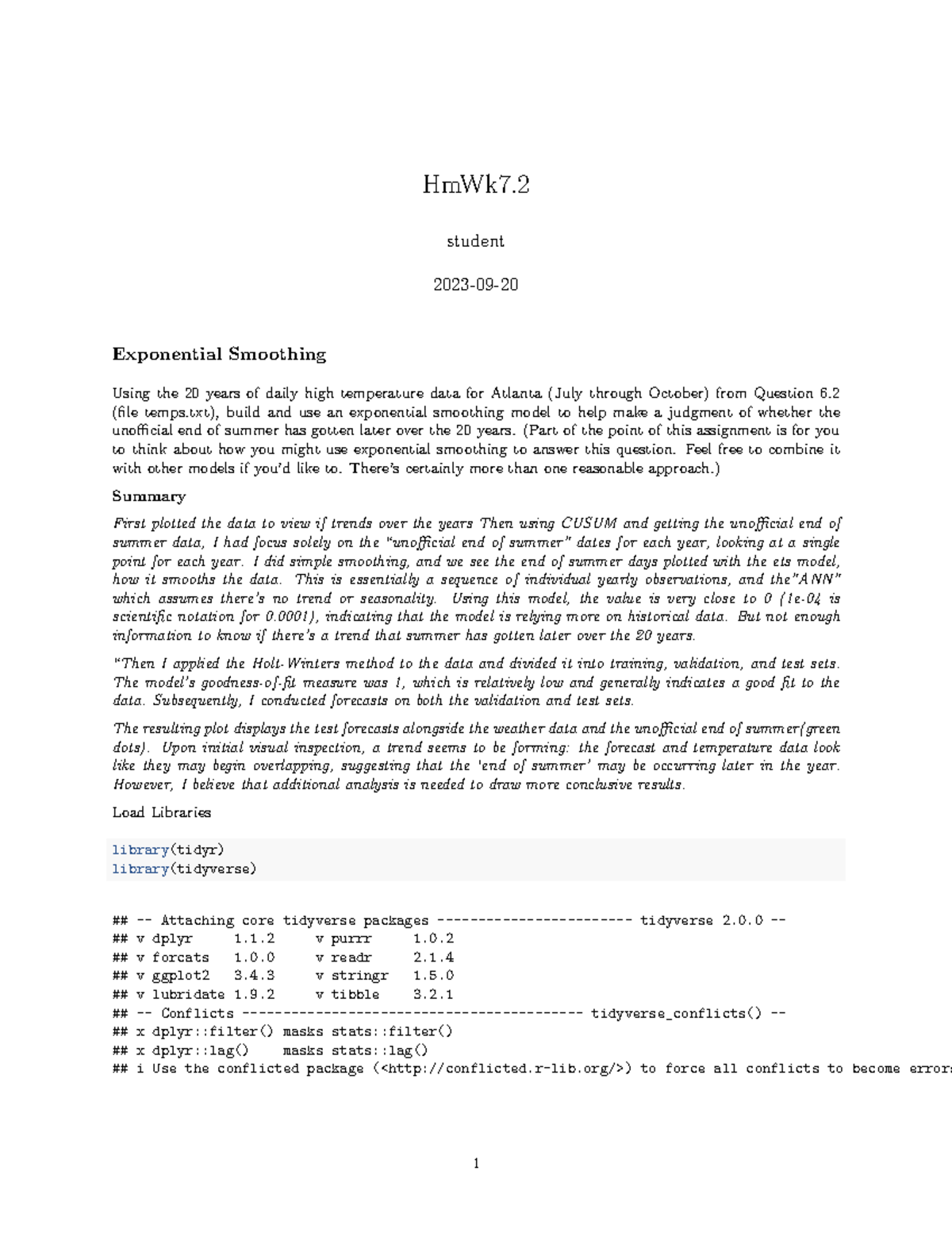 Hmwk7 - Exponential Smoothing Assignment Code in R. - HmWk7. student ...