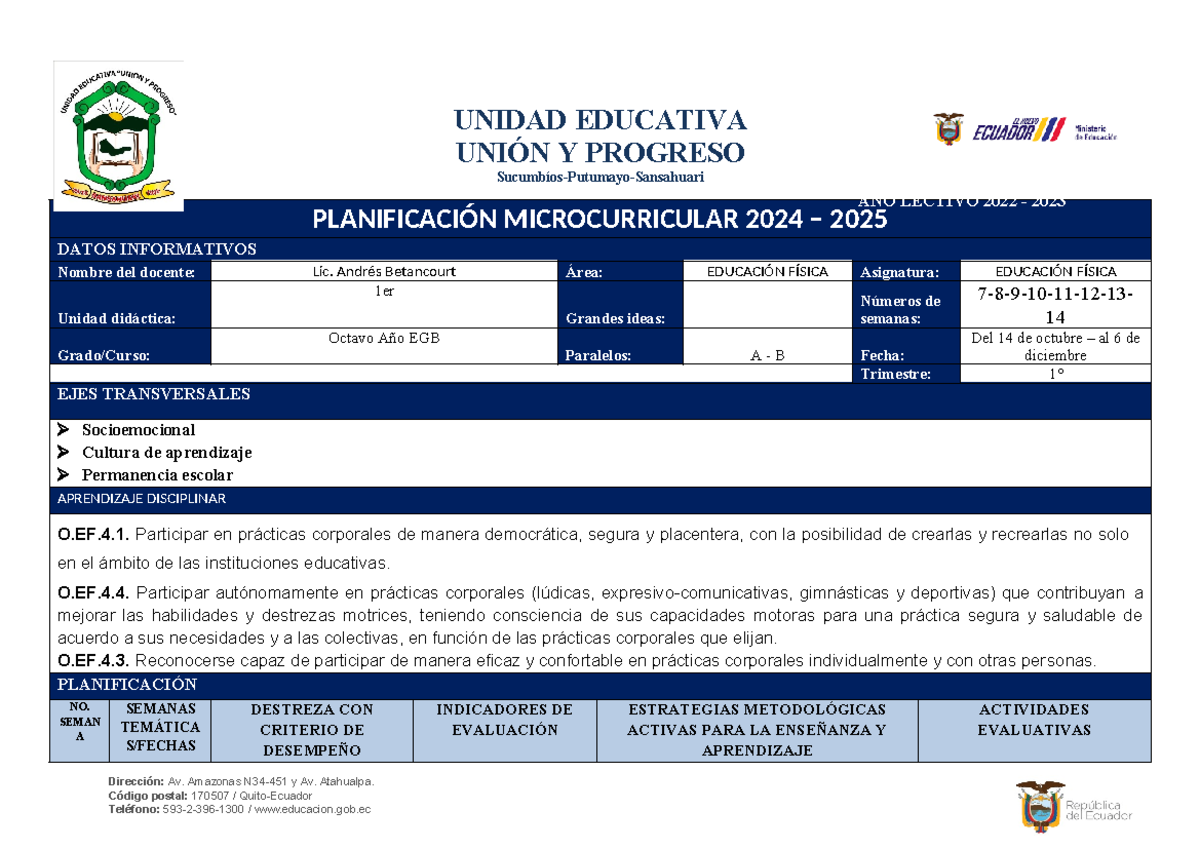 Planificacion EEFF 8VO A- B - Dirección: Av. Amazonas N34-451 y Av ...