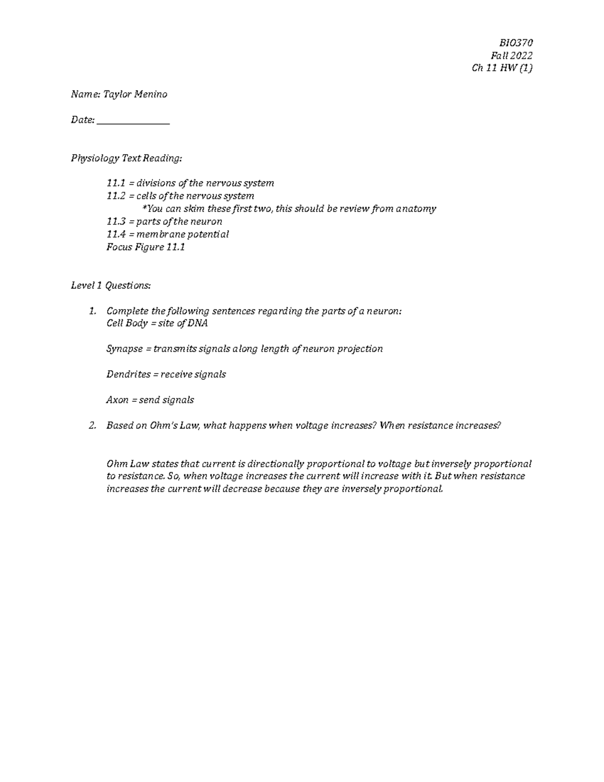 Ch 11 HW #1 - homework assignment - BIO Fall 2022 Ch 11 HW (1) Name ...