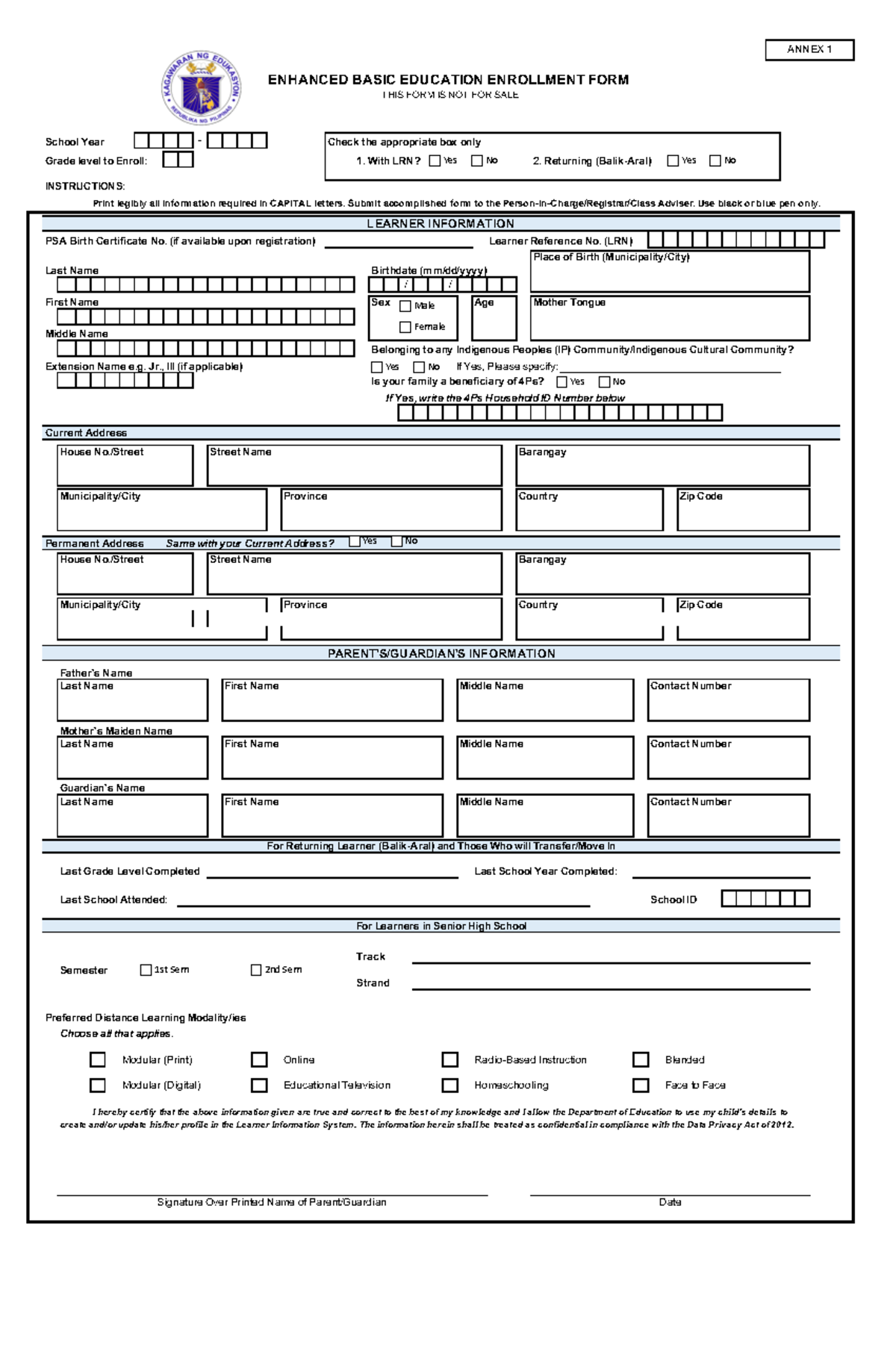 Enhance Basic Education Enrollment Form PDF Long Bond Paper - ENHANCED ...