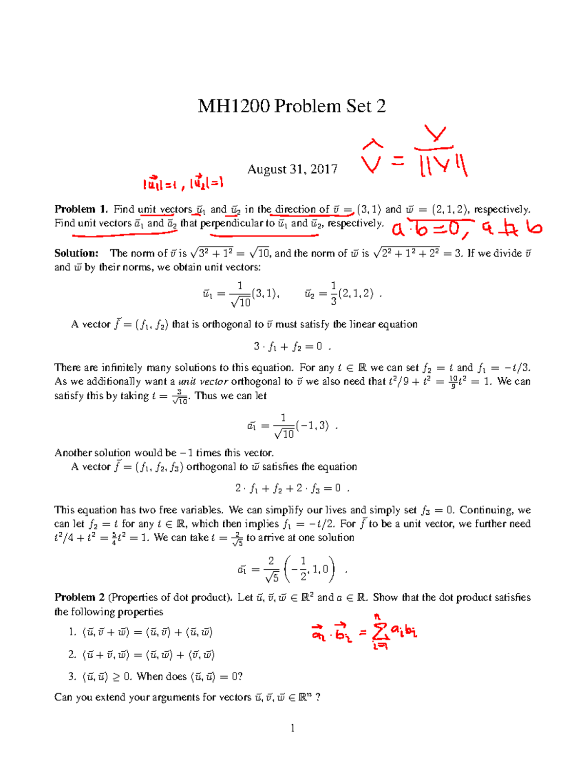 LA tut 2 - linear algebra assignment - MH1200 Problem Set 2 August 31, 2017 Problem 1. Find unit ...