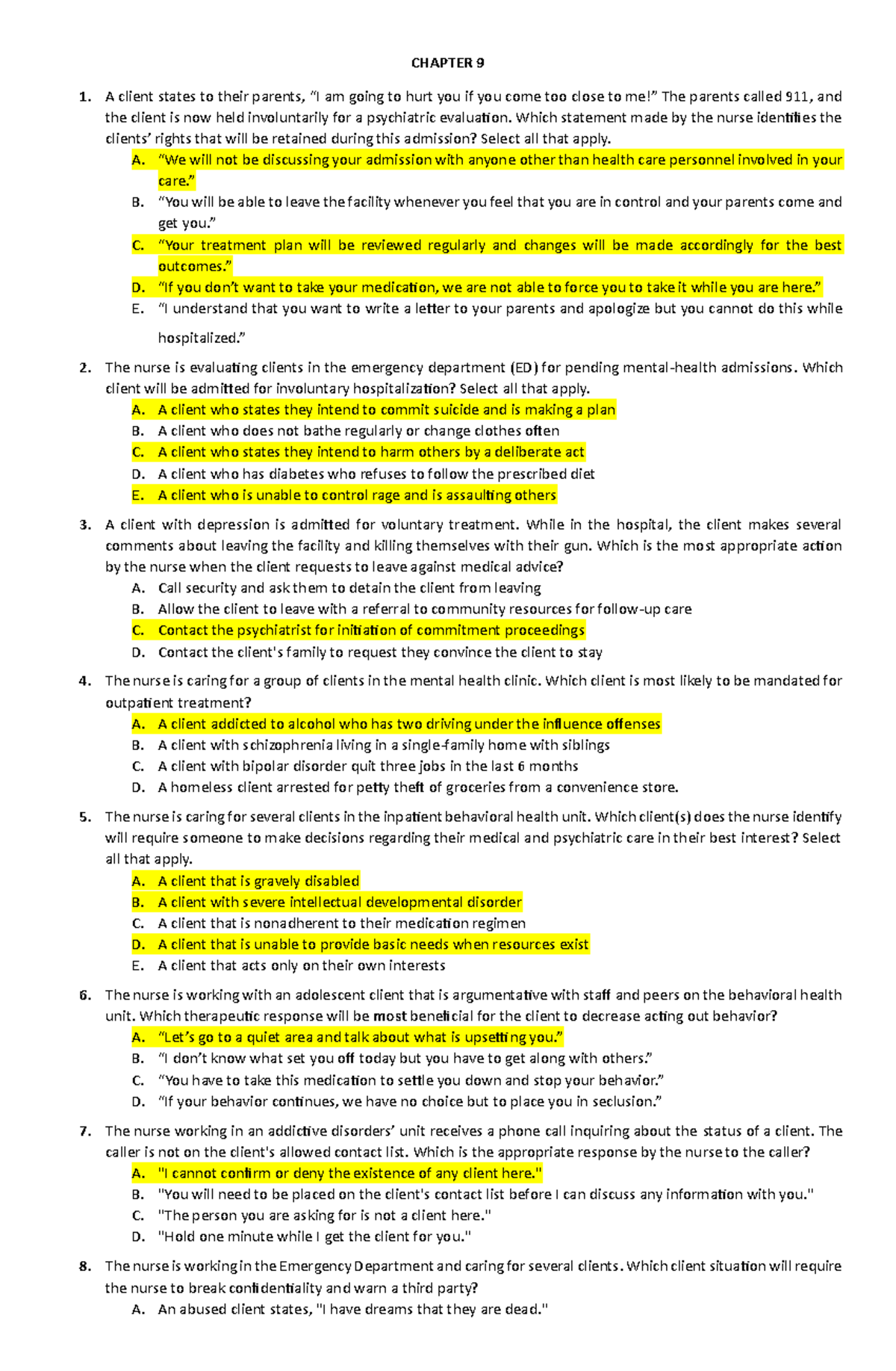 Psych Midterms CH 9 13 - sss - CHAPTER 9 A client states to their ...