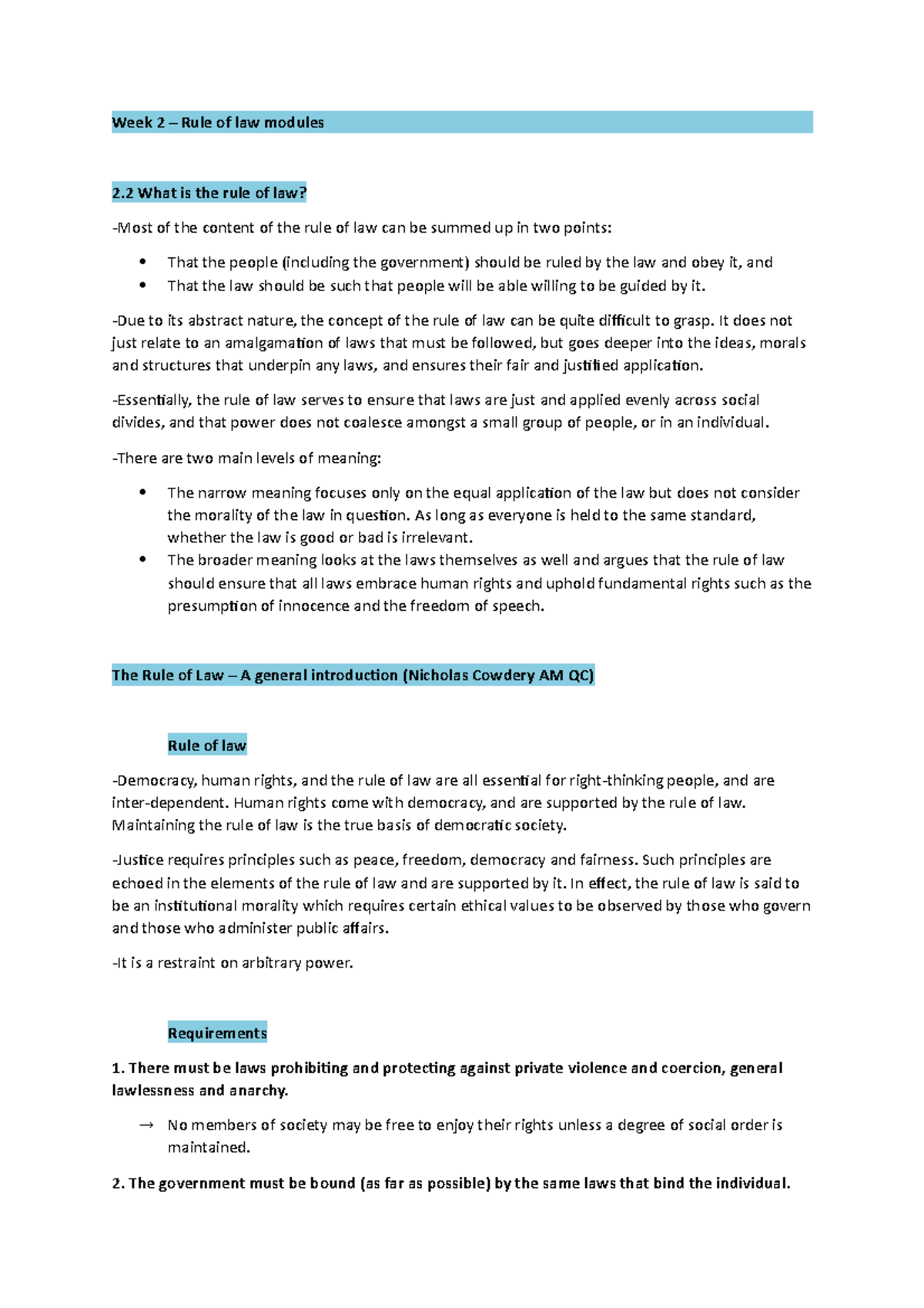 The rule of law - Lecture notes - Week 2 – Rule of law modules 2 What ...