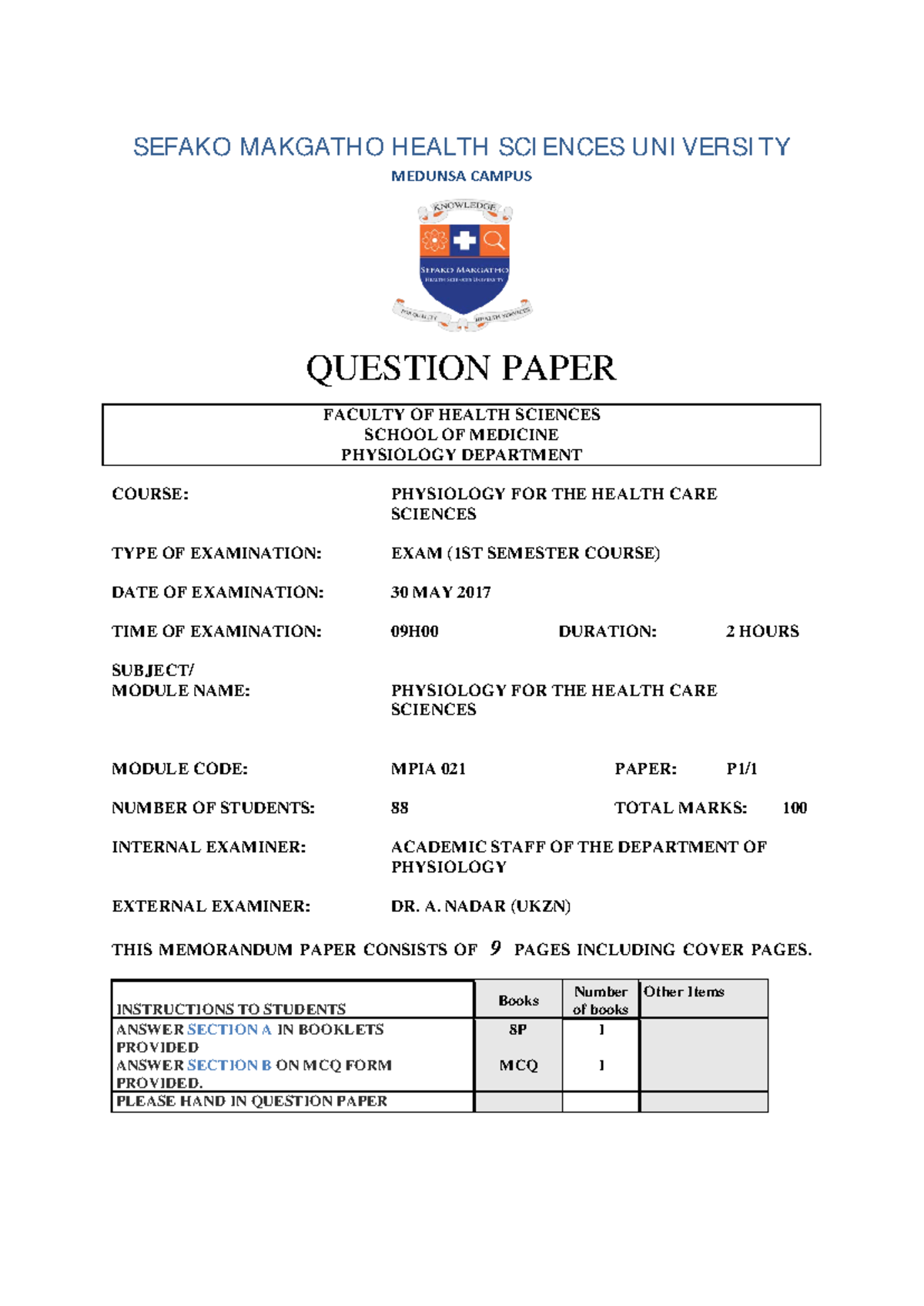 MPIA 021 EXAM MAY 2017 P1 - SEFAKO MAKGATHO HEALTH SCIENCES UNIVERSITY ...