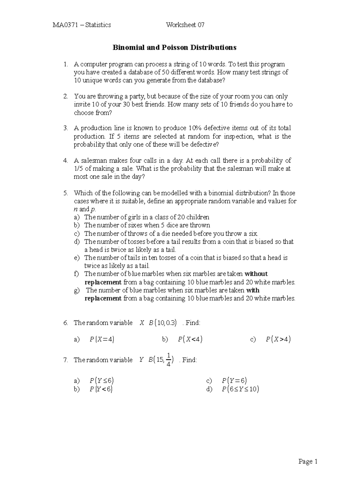 Worksheet 07 - Binomial and Poisson Distributions - MA0371 – Statistics ...