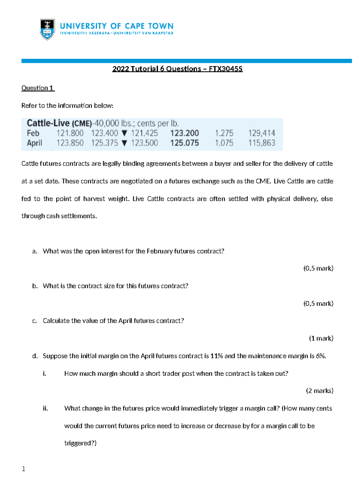 2022 Tutorial 6 Futures Markets Questions - 2022 Tutorial 6 Questions ...